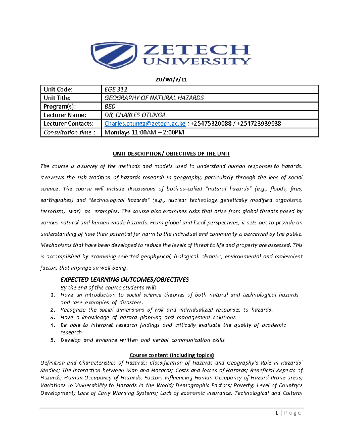 EGE 312- Geography of Natural Hazards Course Outline - ZU/WI/7/ UNIT DESCRIPTION/ OBJECTIVES OF ...
