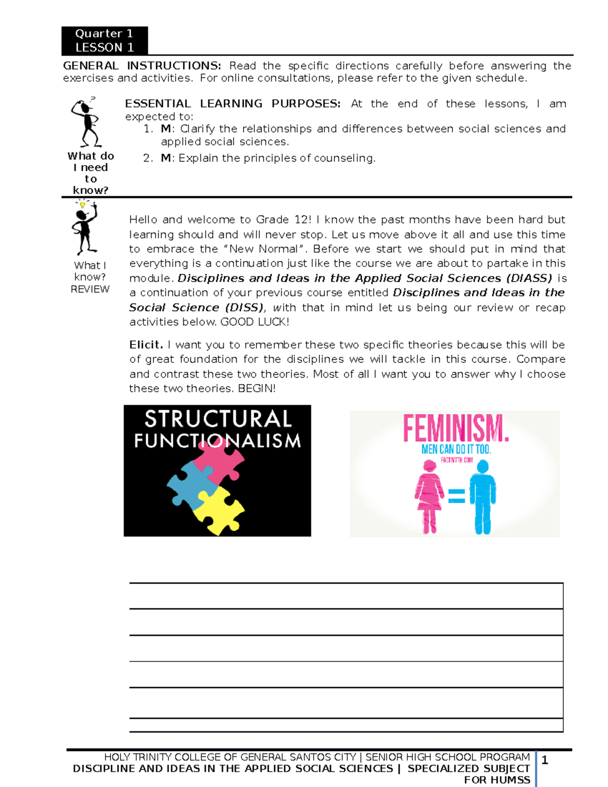 WEEK 1 Diass 3 - Quarter 1 LESSON 1 GENERAL INSTRUCTIONS: Read the ...