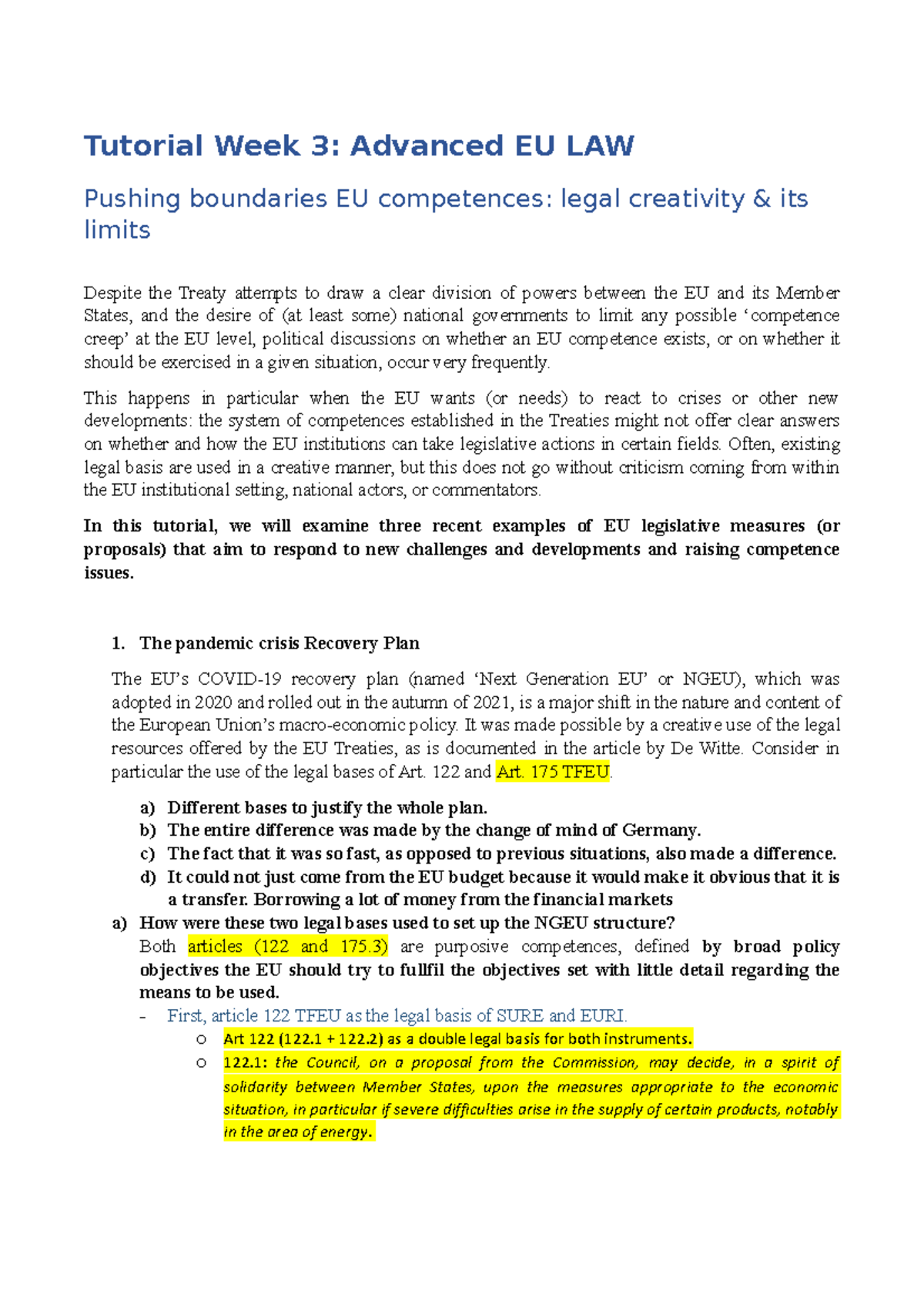 Tutorial N.3. Legal creativity - Tutorial Week 3: Advanced EU LAW Pushing boundaries EU ...