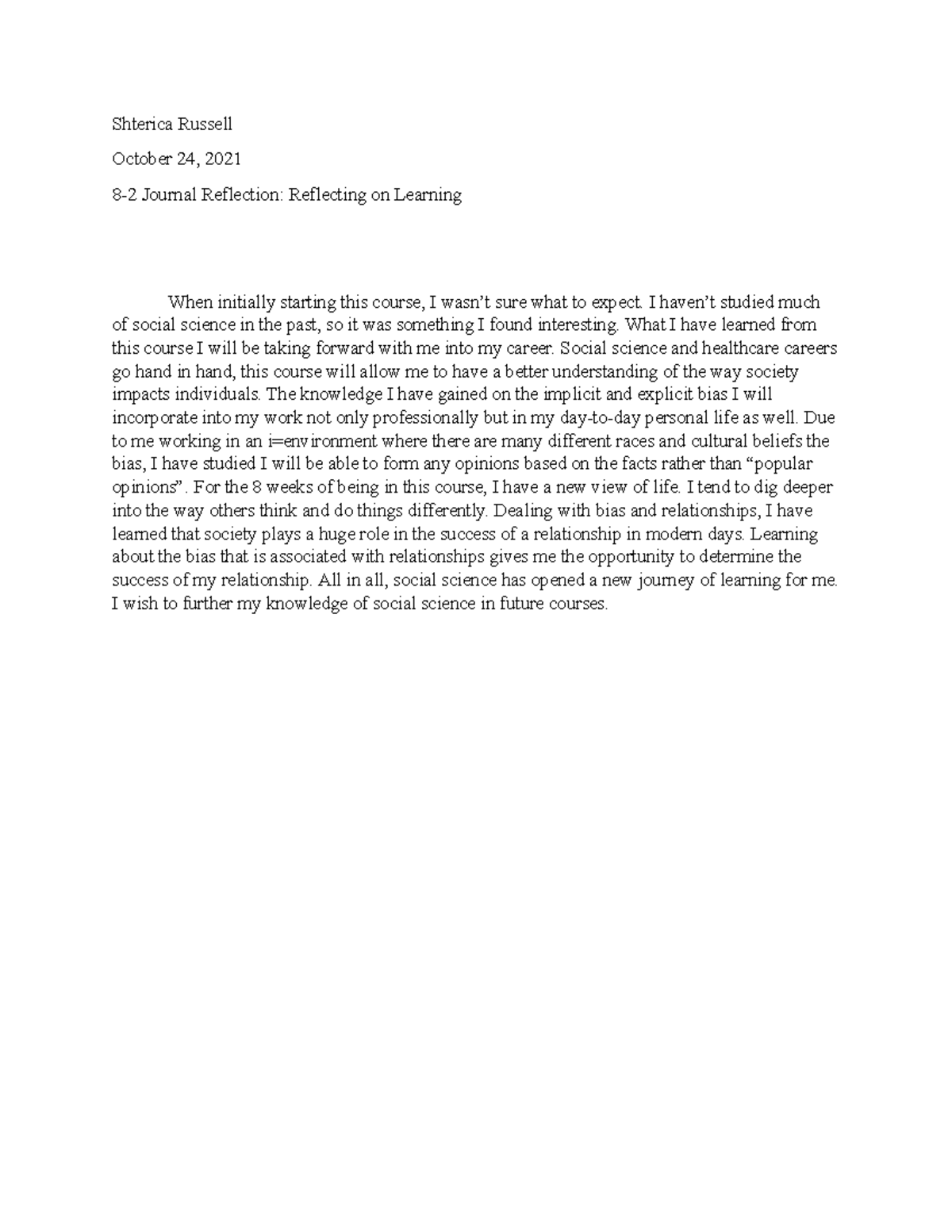 8-2 Journal reflection - SCS 100 - SNHU - Studocu