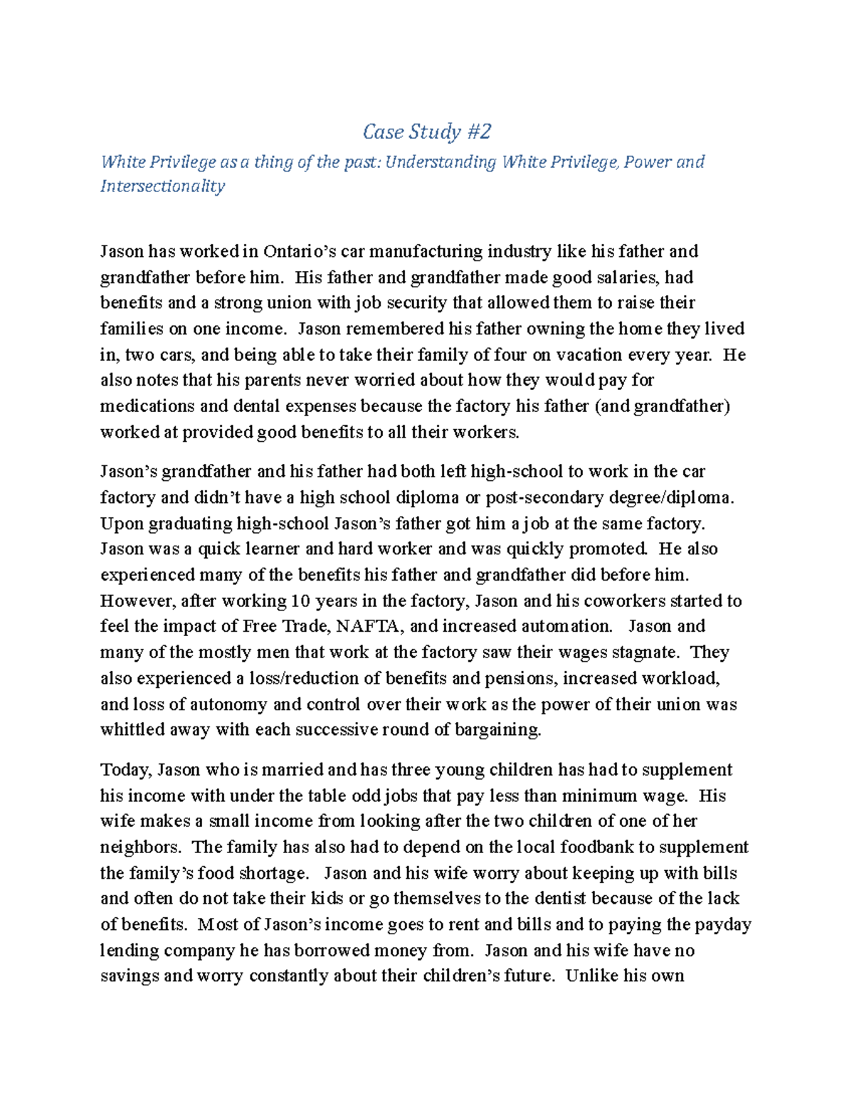 SY332 OC Case Study#2 White Privilege as a thing of the past - Case Study White Privilege as a ...