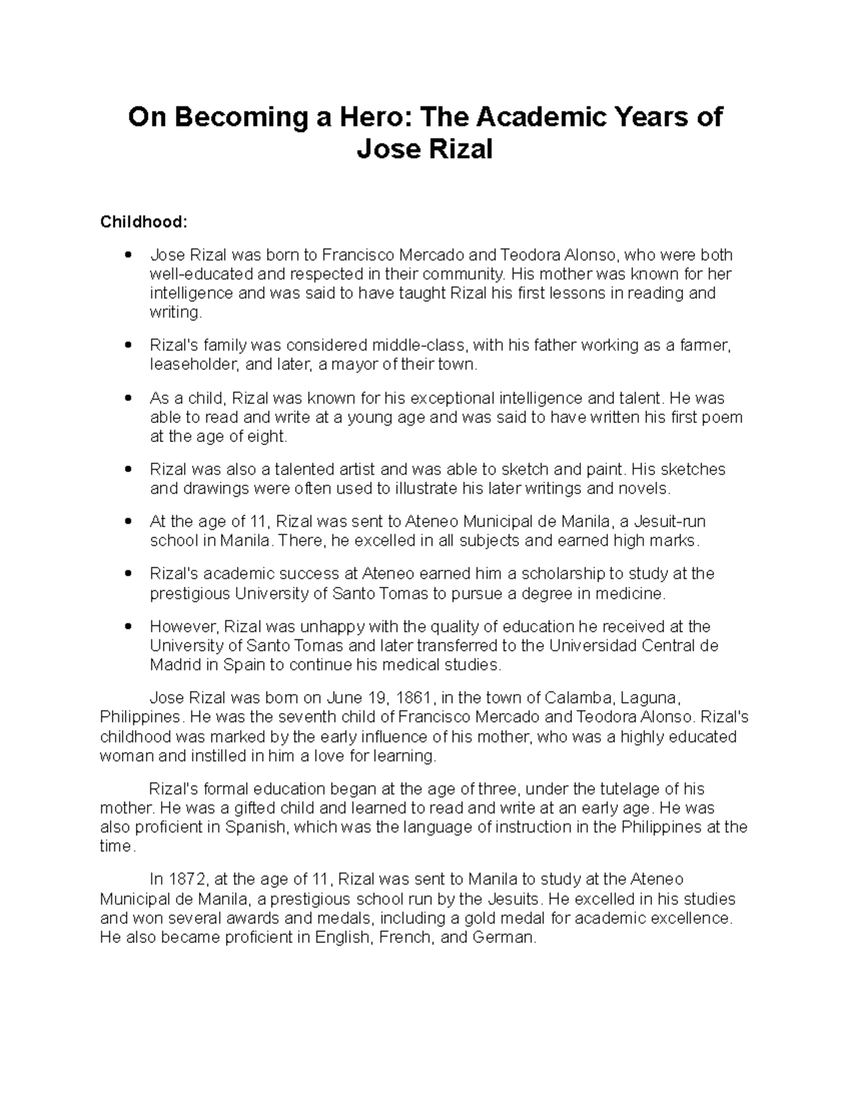 On Becoming a Hero- The Academic Years of Jose Rizal - On Becoming a ...