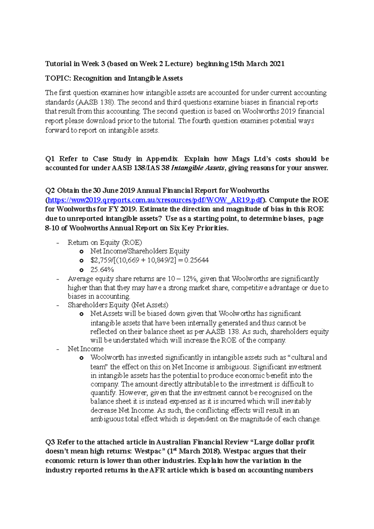 Tutorial 2 - Financial Accounting Theory - Tutorial in Week 3 (based on Week 2 Lecture ...