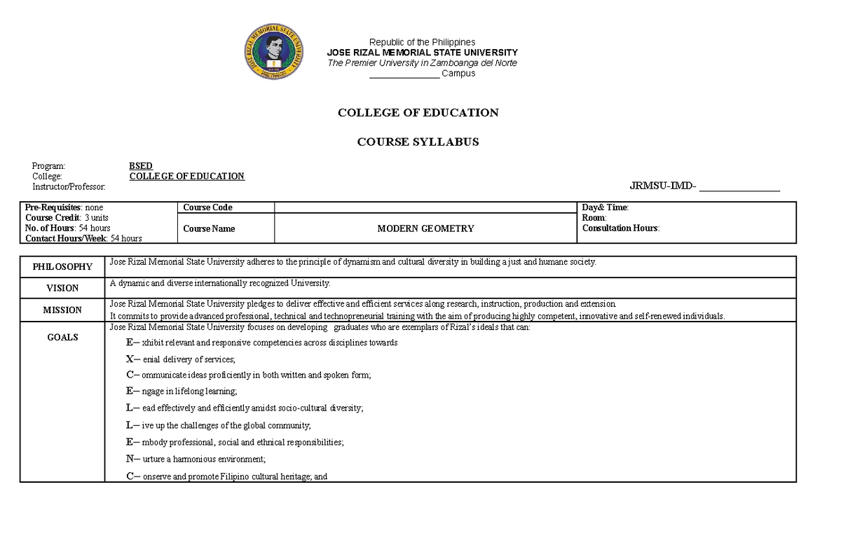 Modern Geometry Syllabus - COLLEGE OF EDUCATION COURSE SYLLABUS Program ...