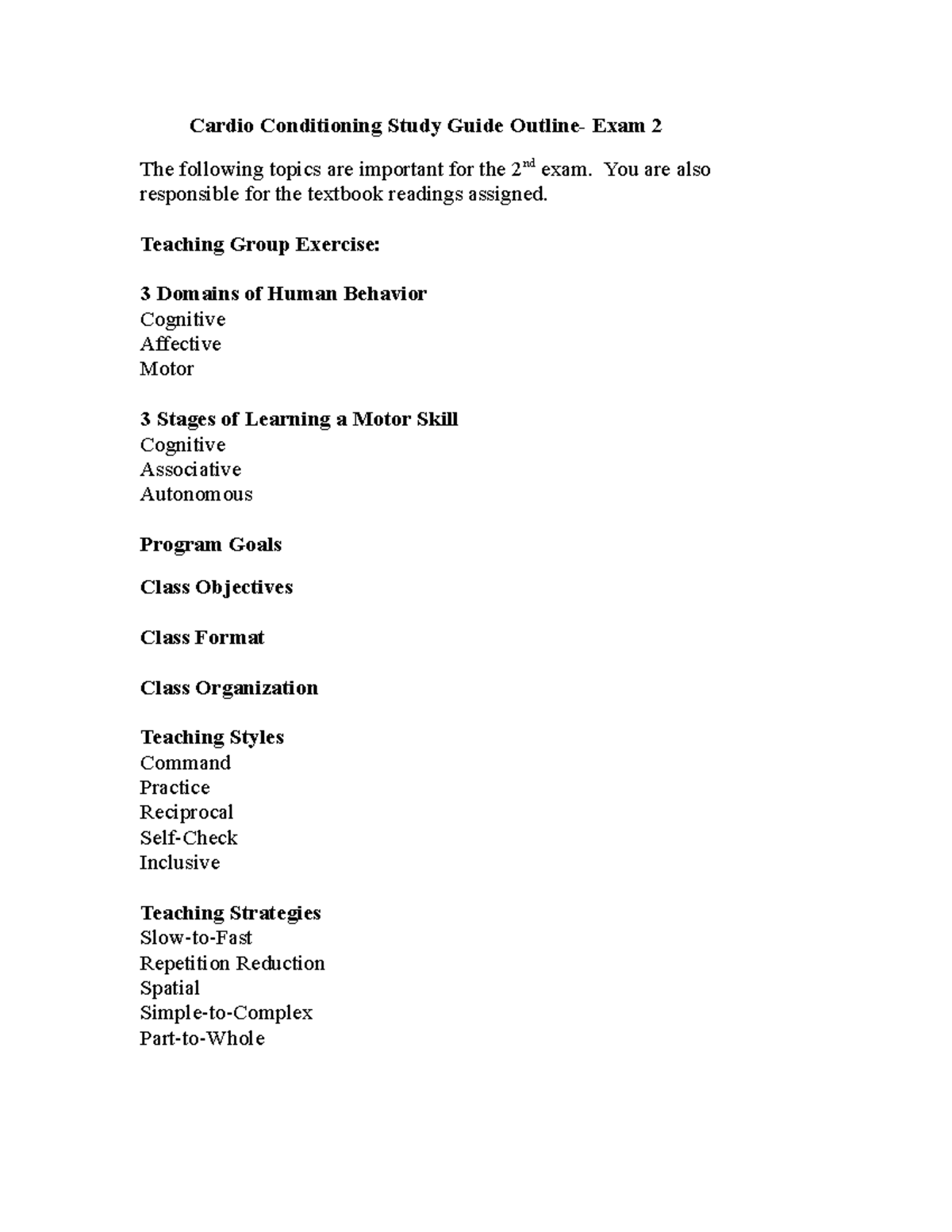 Cardio Conditioning Study Guide Outline-Exam 2 - You are also ...