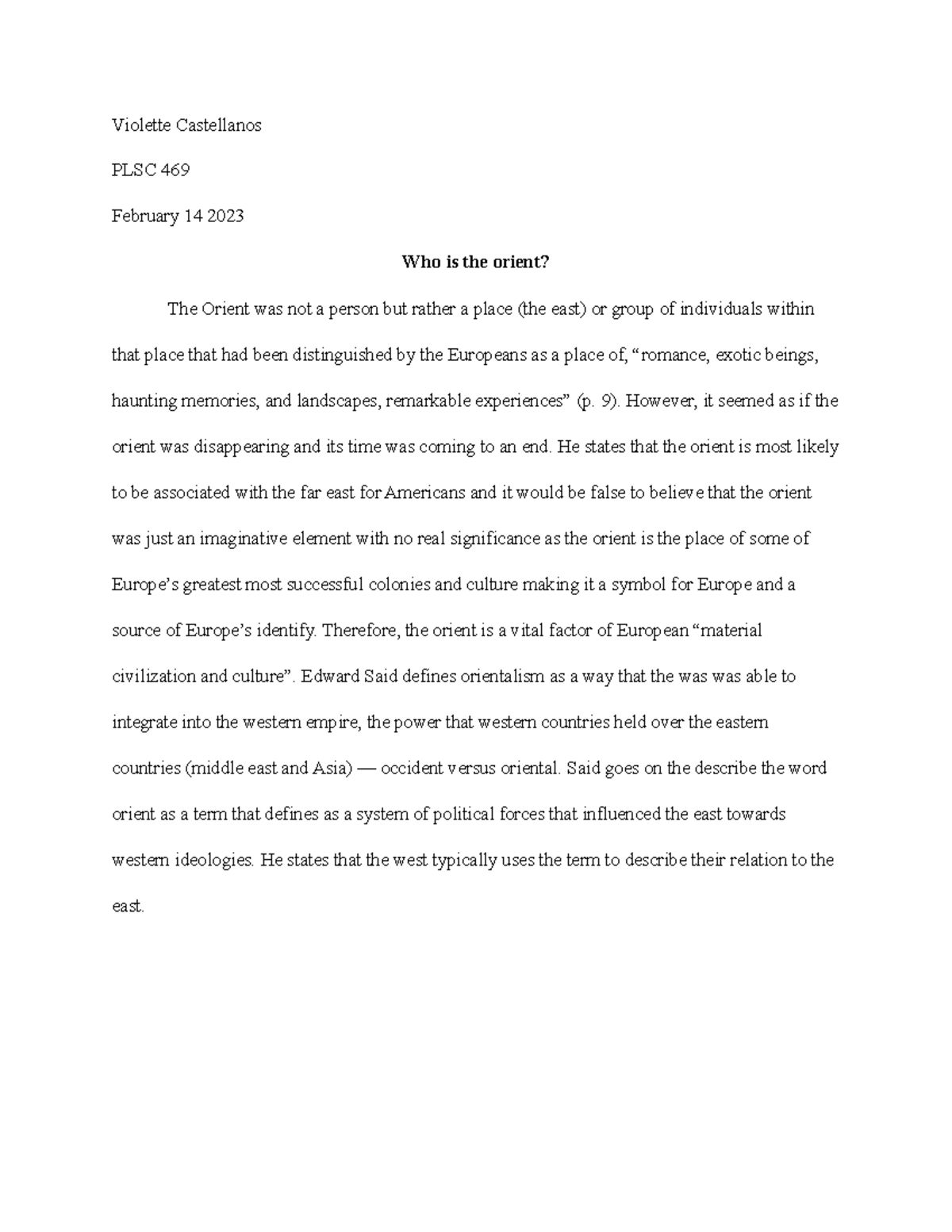 Orientalism - Who is the Orient? (Study Question) - Violette Castellanos PLSC 469 February 14 ...