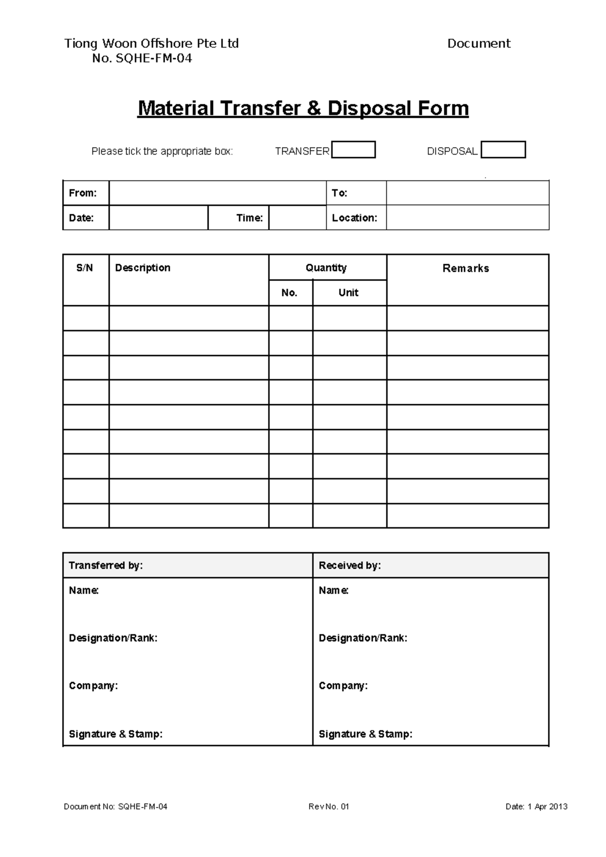 SQHE-FM-04 Material Transfer & Disposal Form - Tiong Woon Offshore Pte ...
