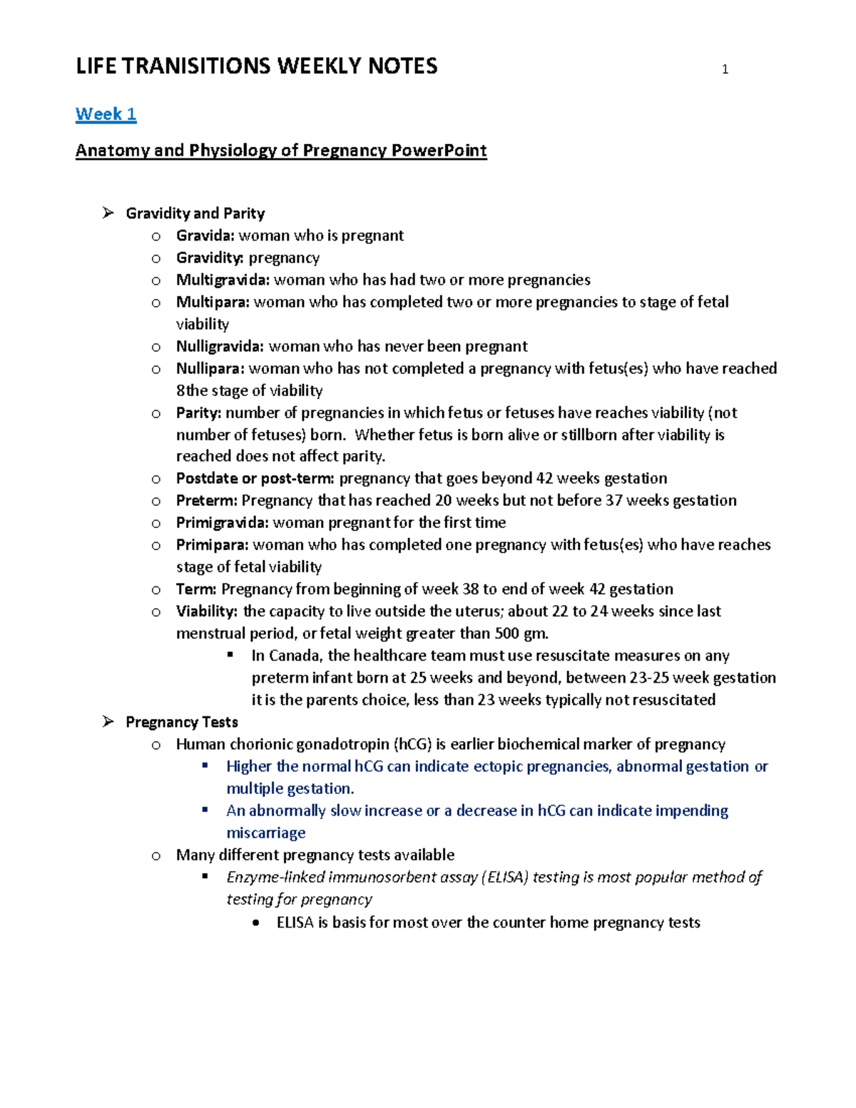 Lifetrans weekly notes - Week 1 Anatomy and Physiology of Pregnancy ...