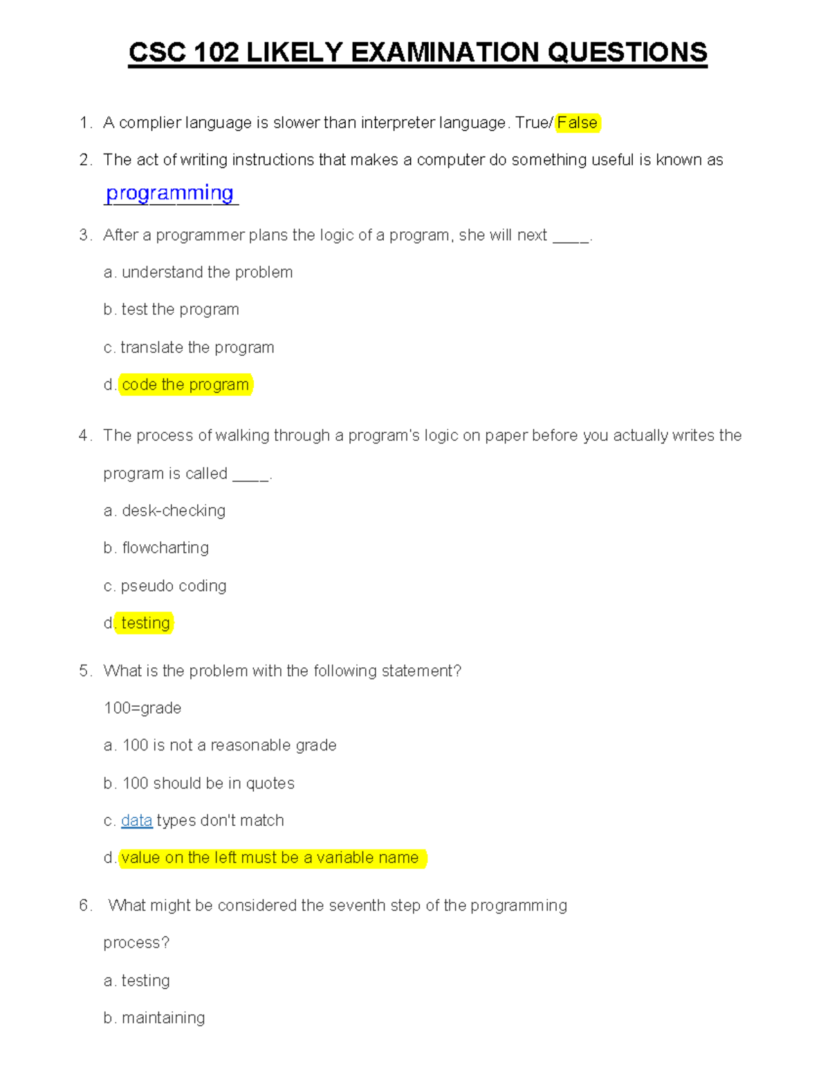CSC102 Likely Examination Questions - CSC 102 LIKELY EXAMINATION ...