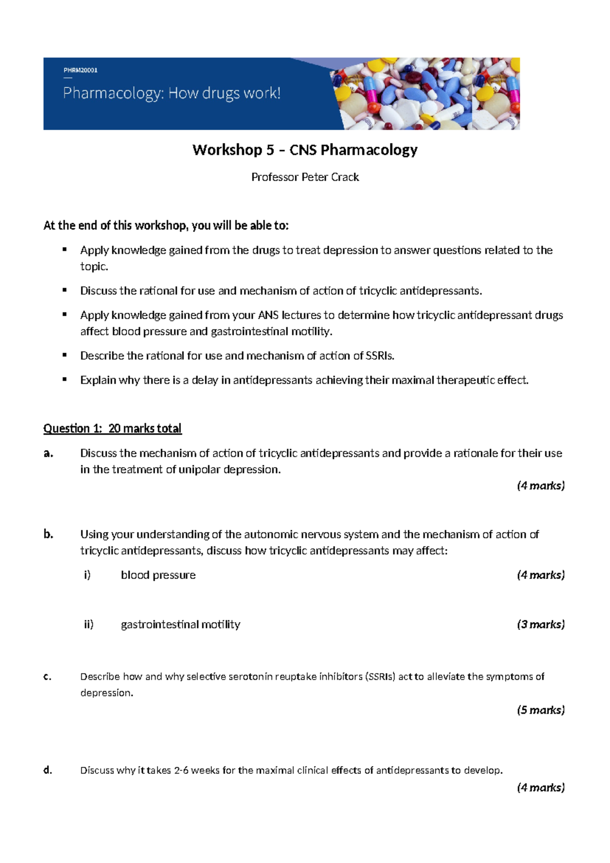 PHRM20001 - CNS pharmacology - Worksheet - 2024 - Workshop 5 – CNS ...