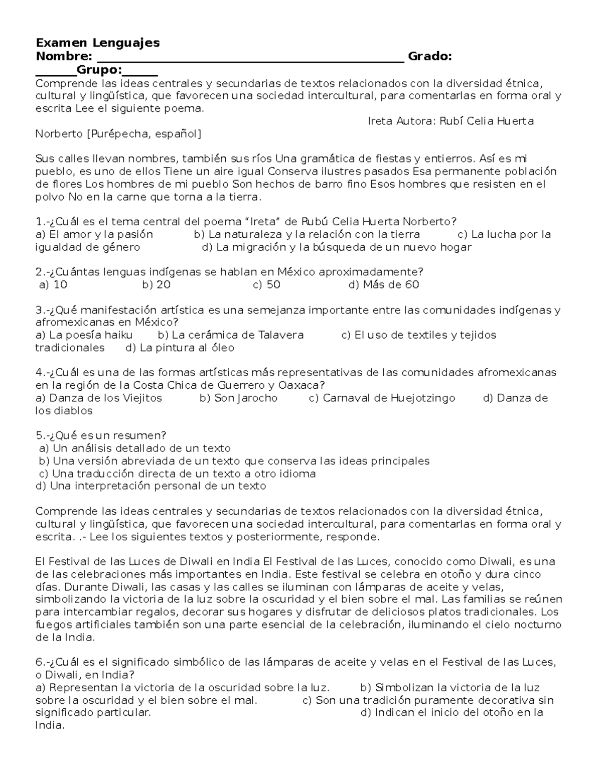 Examen lenguajes - Examen Lenguajes Nombre ...