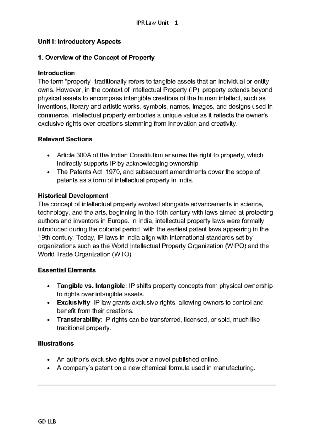 IPR Law - Unit 1 - IPR Law - Unit 1 - Unit I: Introductory Aspects ...