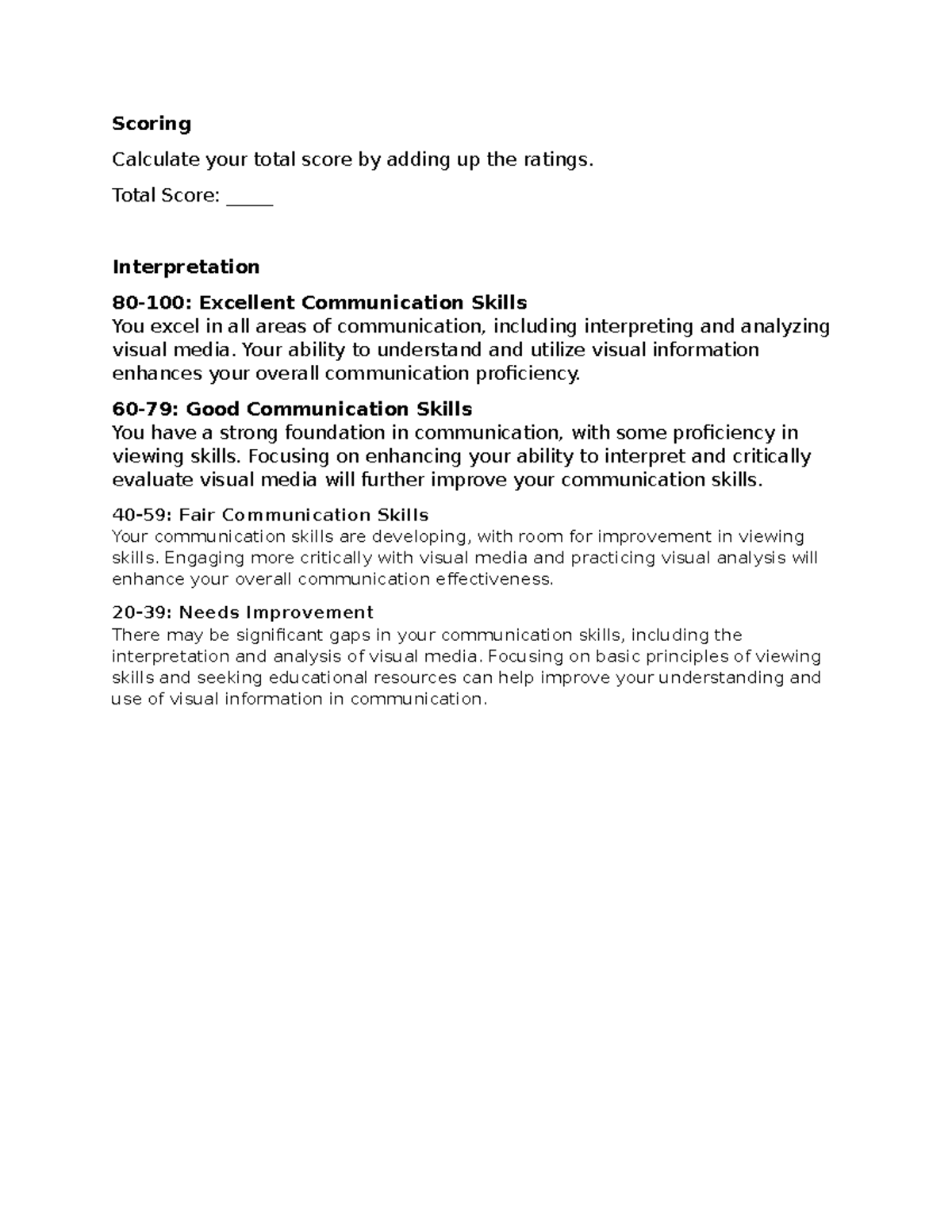 Scoring Communication Skills Assessment Questionnaire - Scoring ...