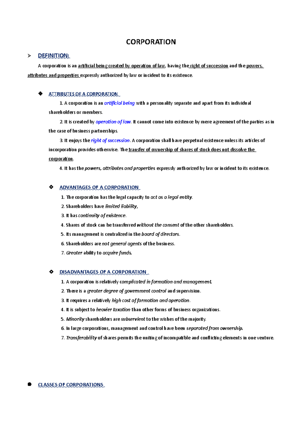 Corporation - Lecture notes 4 - CORPORATION DEFINITION: A corporation ...