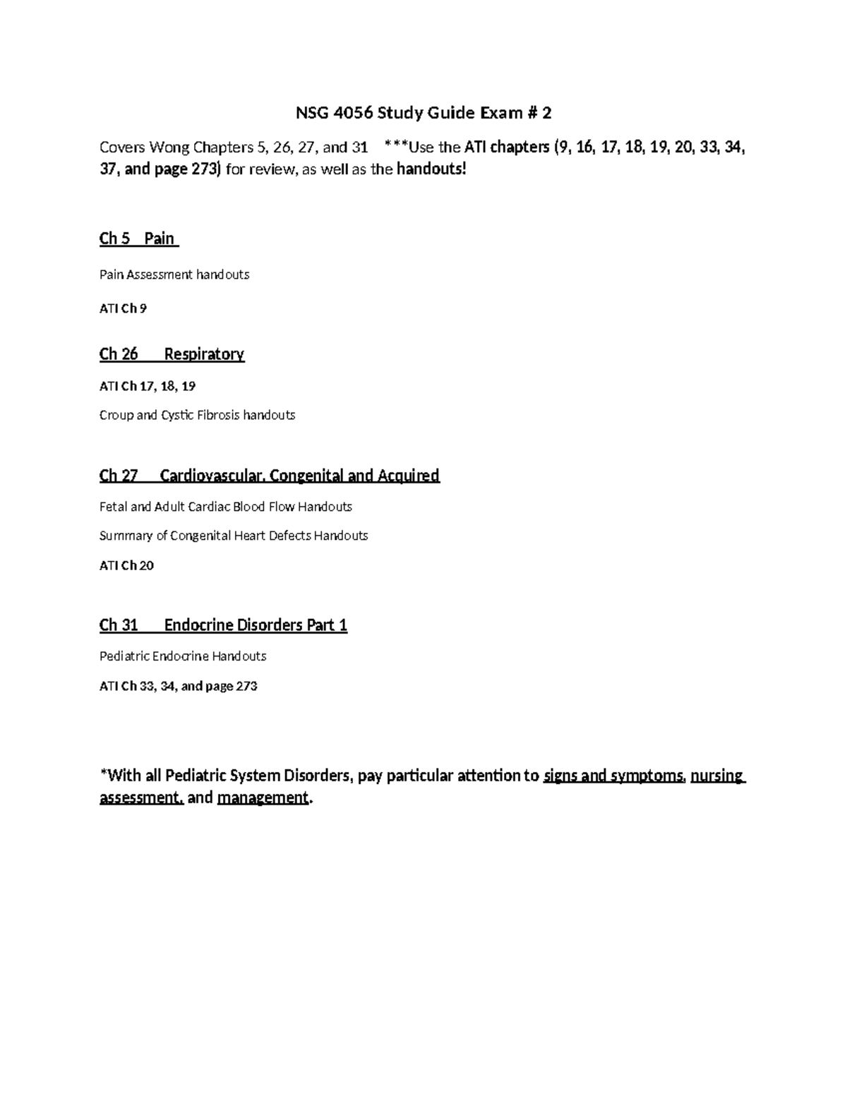 NSG 4056 Study Guide Exam 2 - NSG 4056 Study Guide Exam # 2 Covers Wong ...