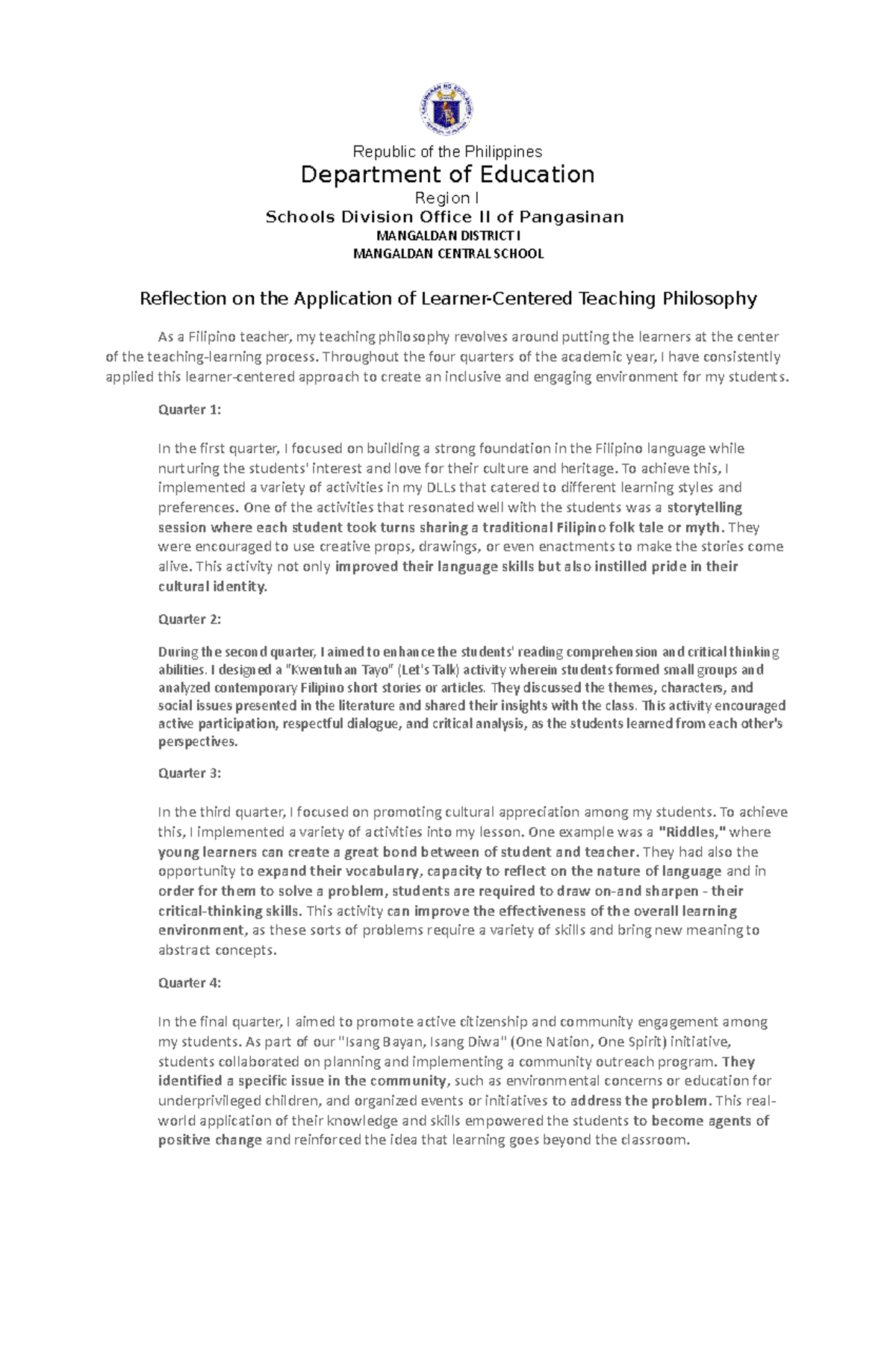 Reflection or journal on LC application - Republic of the Philippines ...