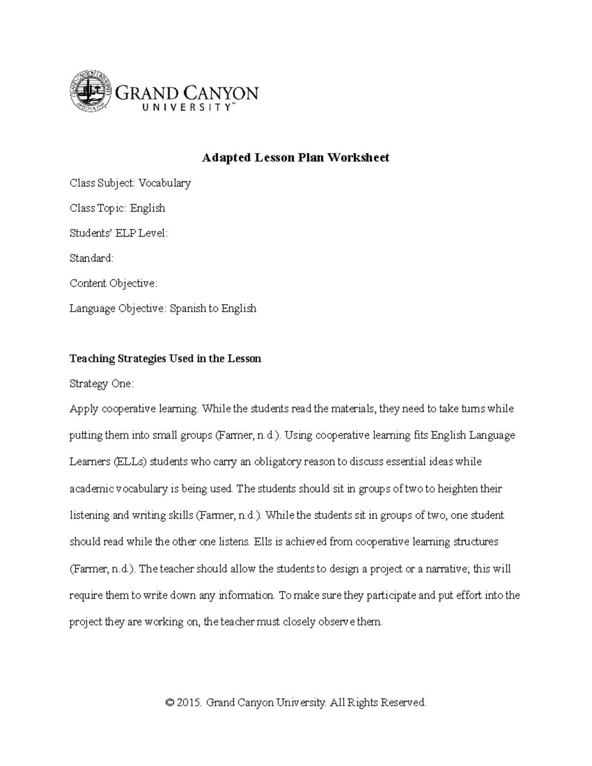 Adapted Lesson Plan Worksheet - While the students read the materials, they need to take turns ...