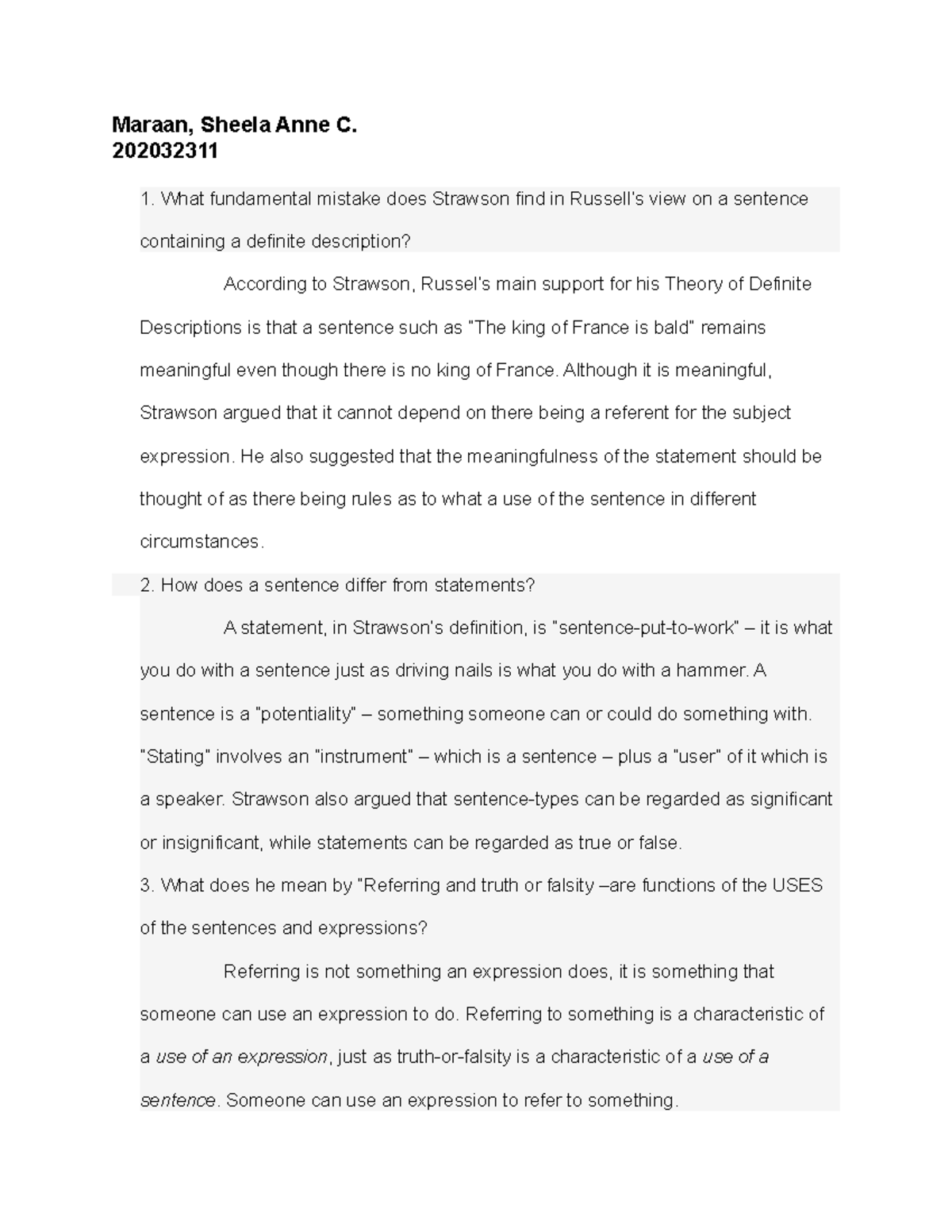 Strawson - Lecture notes 1 - Maraan, Sheela Anne C. 202032311 What ...