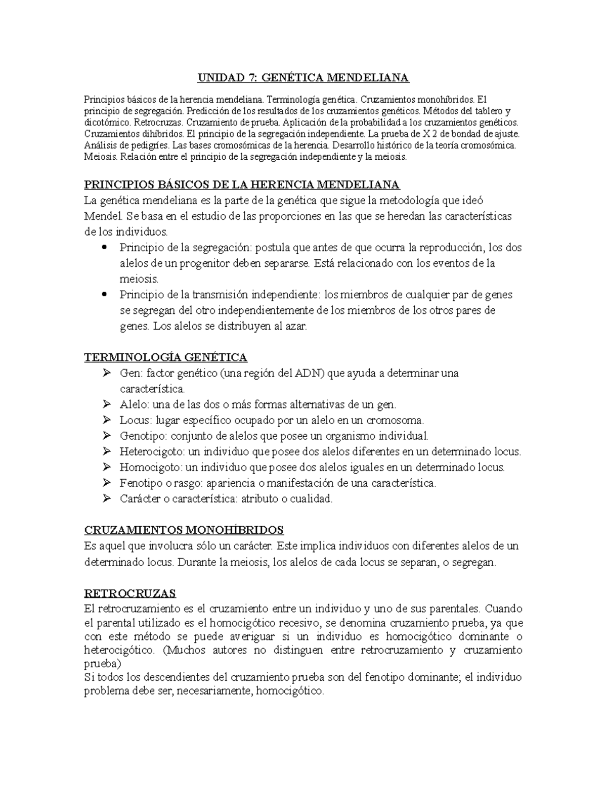 Unidad 7 - Apuntes 7 - UNIDAD 7: MENDELIANA Principios de la herencia ...