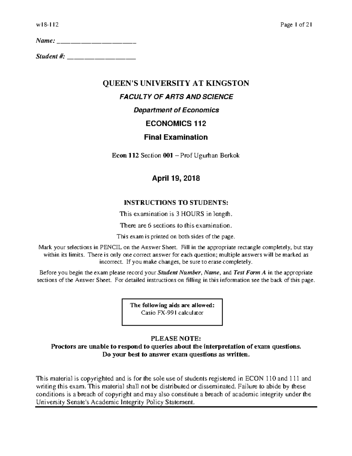 economics 112 past exam 2018 - Econ 112 - queensu - Studocu