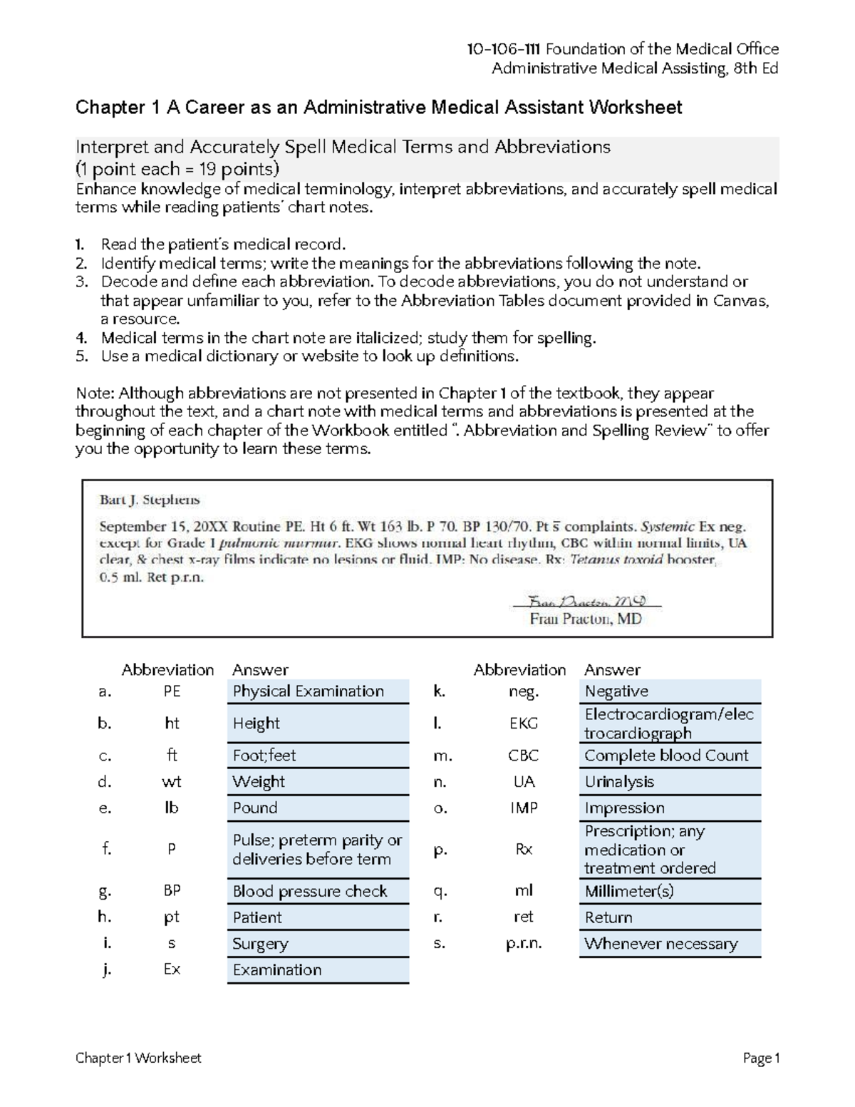Chapter 1 Worksheet - 10-106-111 Foundation of the Medical Office ...