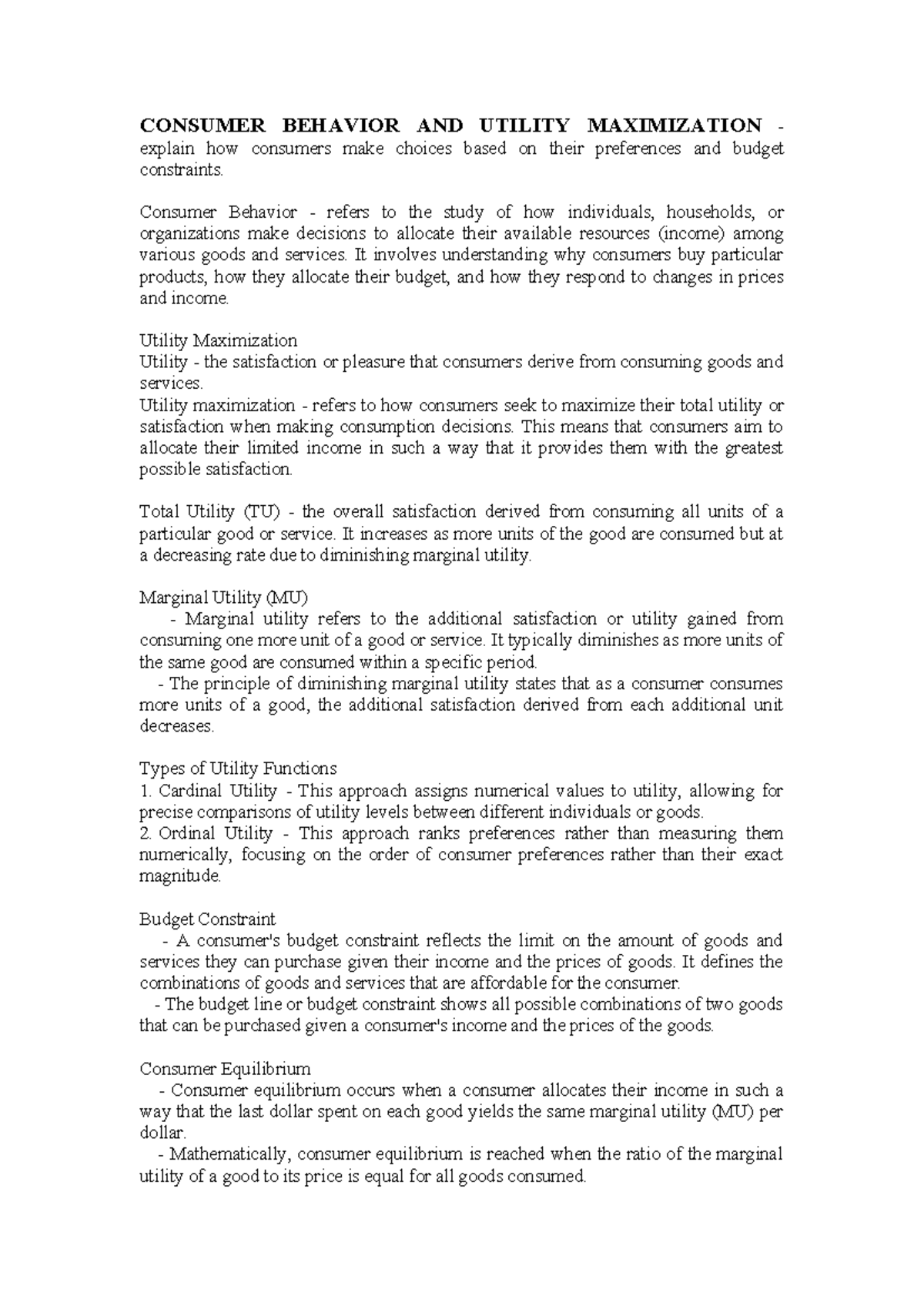 Consumer Behavior AND Utility Maximization - CONSUMER BEHAVIOR AND ...