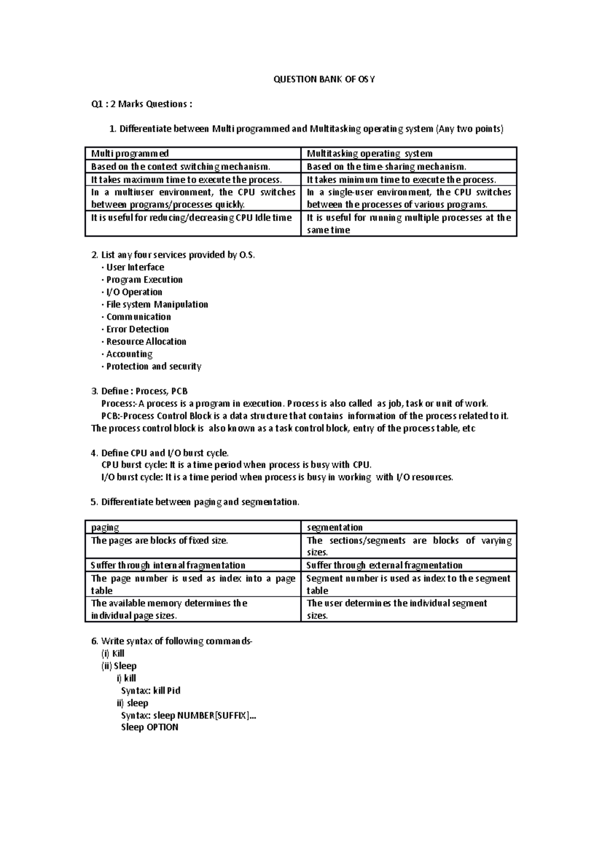 Question BANK OF OSY - QUESTION BANK OF OSY Q1 : 2 Marks Questions : 1. Differentiate between ...