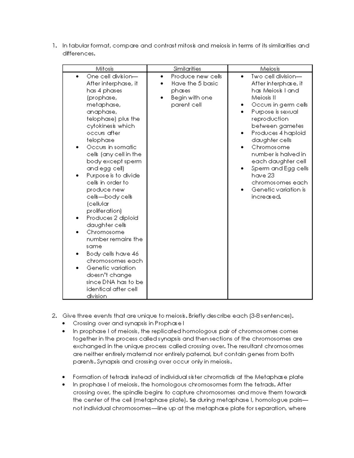 Cell division - In tabular format, compare and contrast mitosis and ...