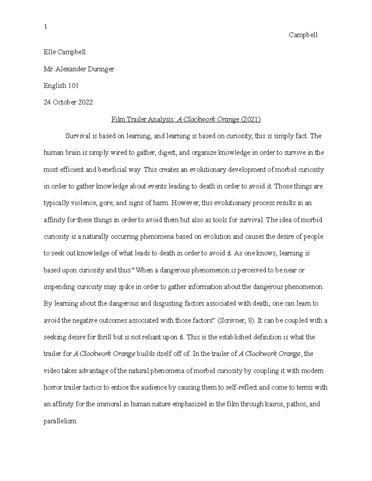 Film Trailer Analysis Essay Example - Campbell Elle Campbell Mr ...