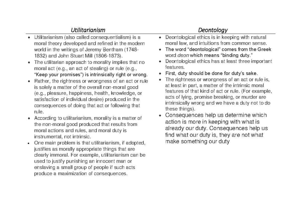 Utilitarianism vs deontology - Utilitarianism Deontology Utilitarianism ...