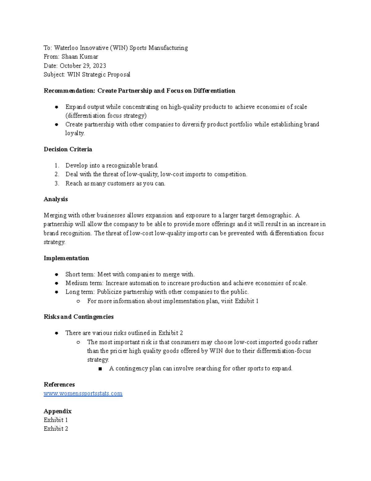 BU111 - Lab #6 - Informal Report - To: Waterloo Innovative (WIN) Sports ...