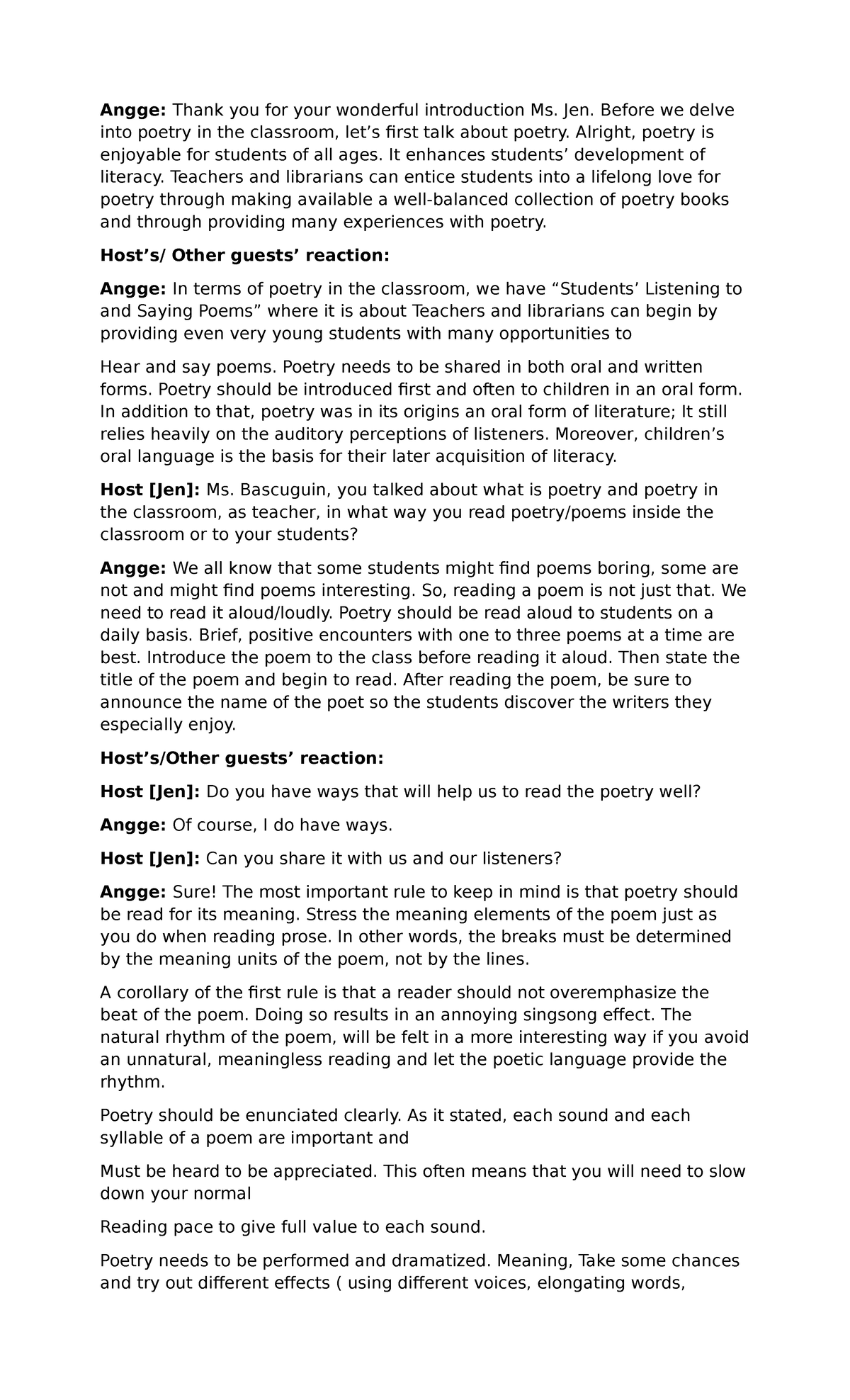 Script - need in reporting - Angge: Thank you for your wonderful ...