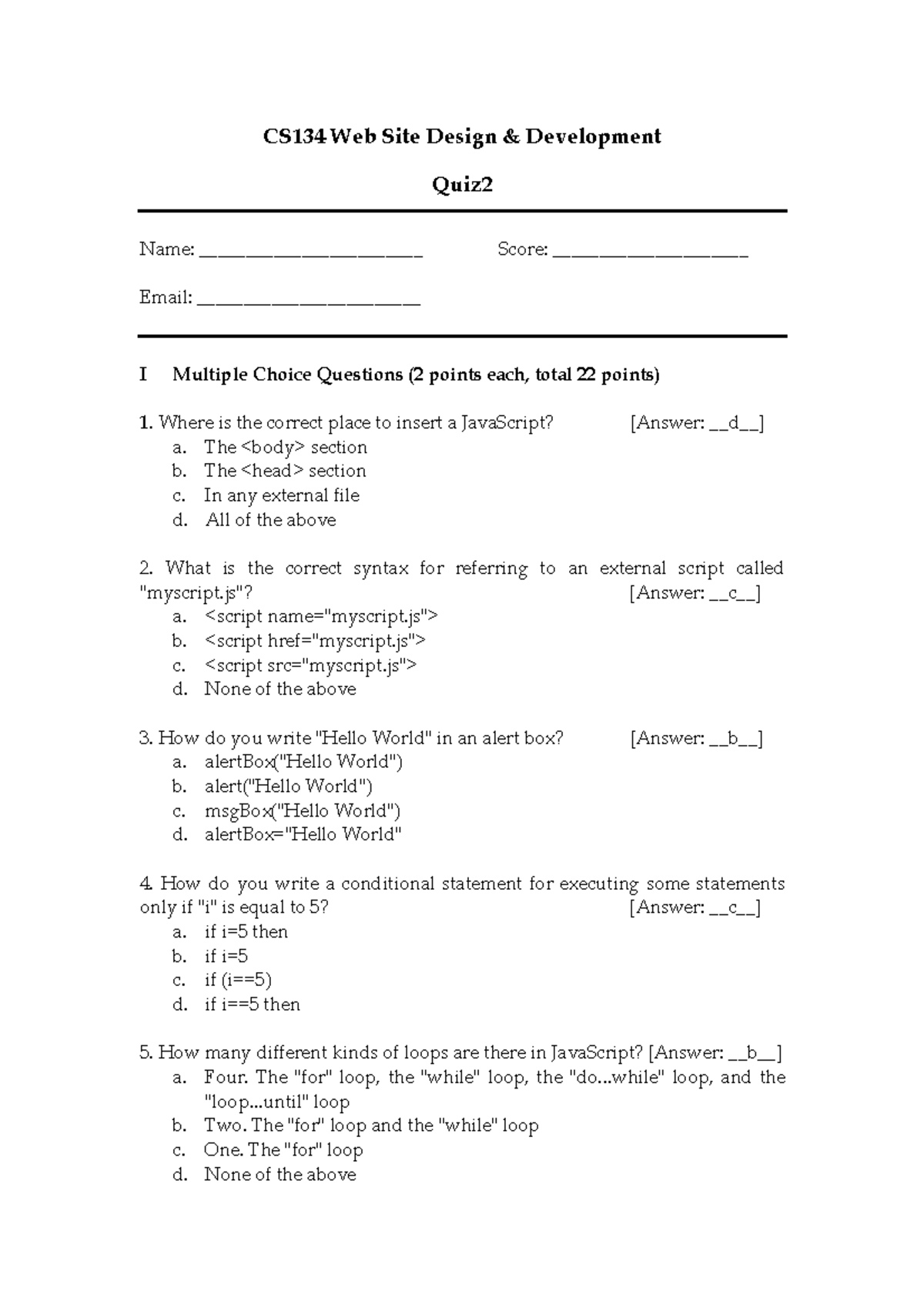 Jvascript Mcq Javascript Cs134 Web Site Design And Development Quiz