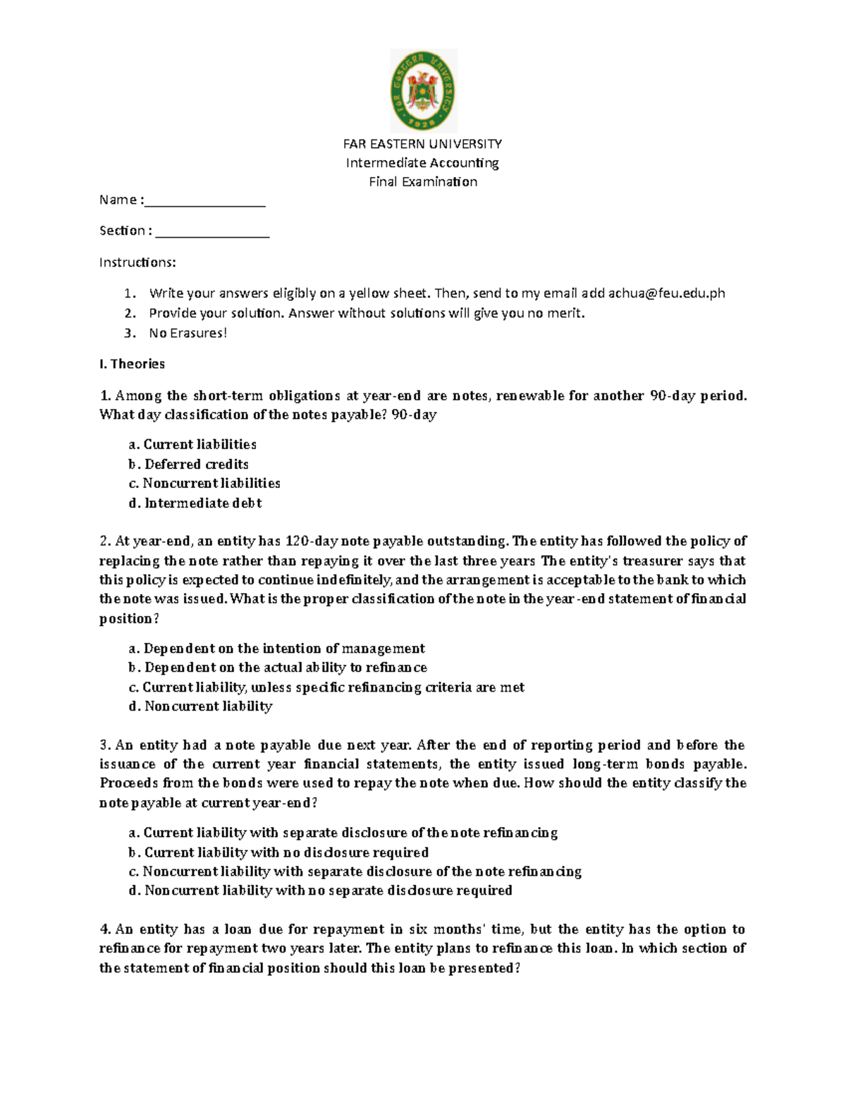 FEU Final Exam Inter Acct 2 - FAR EASTERN UNIVERSITY Intermediate ...