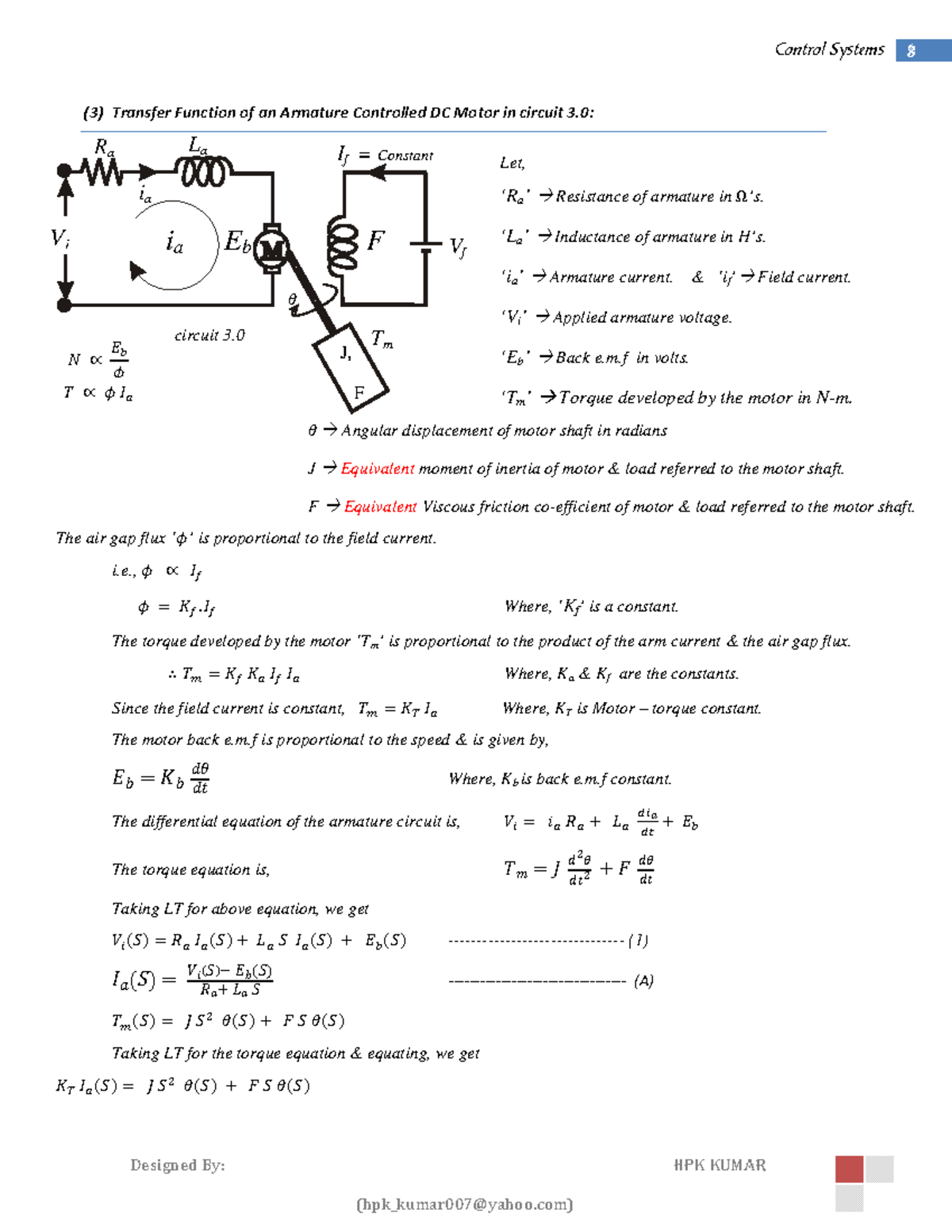 Assignment 1 - Control Systems 3 Designed By: HPK Kumar (hpk_kumar007@yahoo) (3) Transfer ...