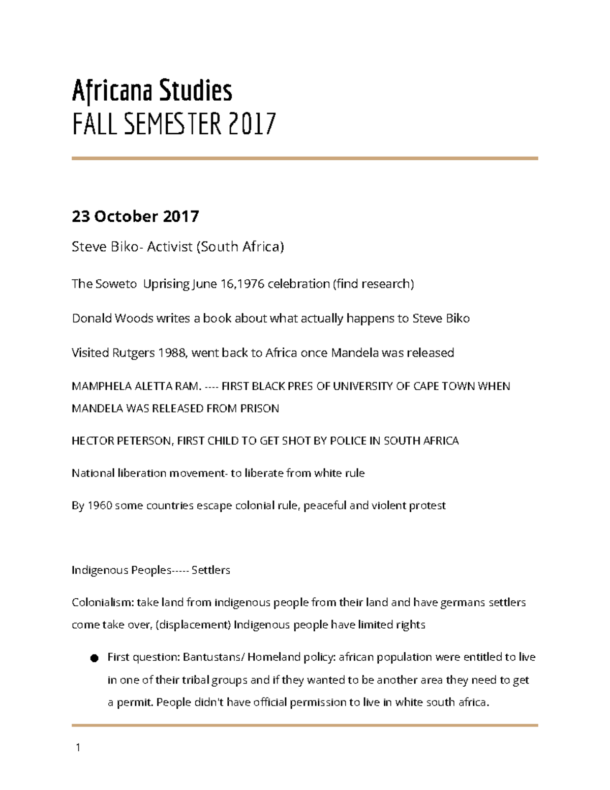 Africana Studies - Africana Studies FALL SEMESTER 2017 23 October 2017 ...