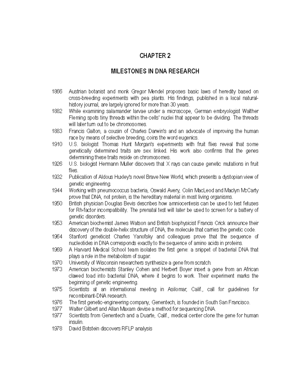 Chapter 02 - CHAPTER 2 MILESTONES IN DNA RESEARCH 1866 Austrian ...