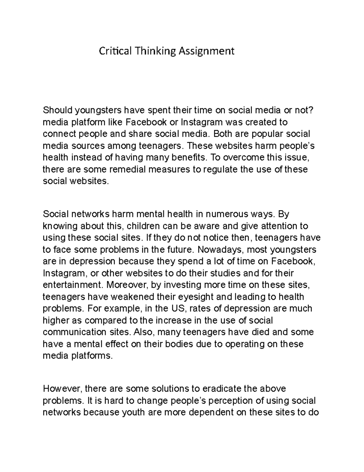 Critical thinking assignment - Critical Thinking Assignment Should ...