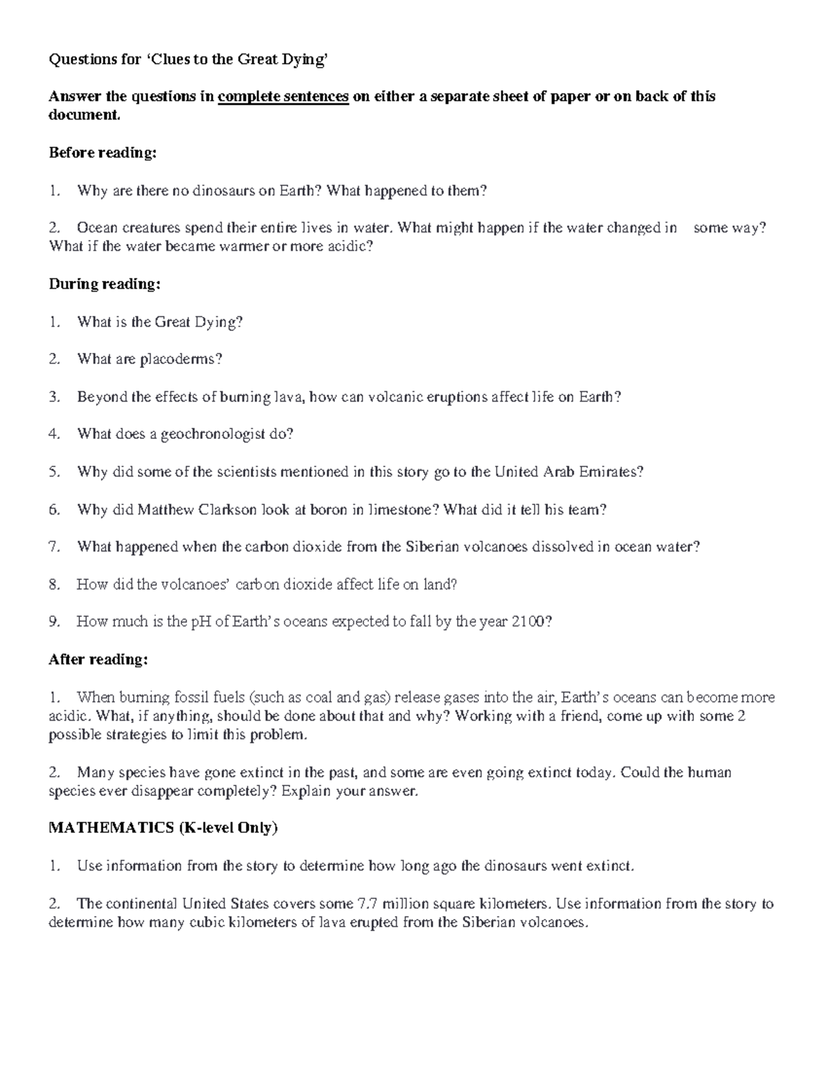 Clues to the Great Dying Questions - Questions for ‘Clues to the Great ...