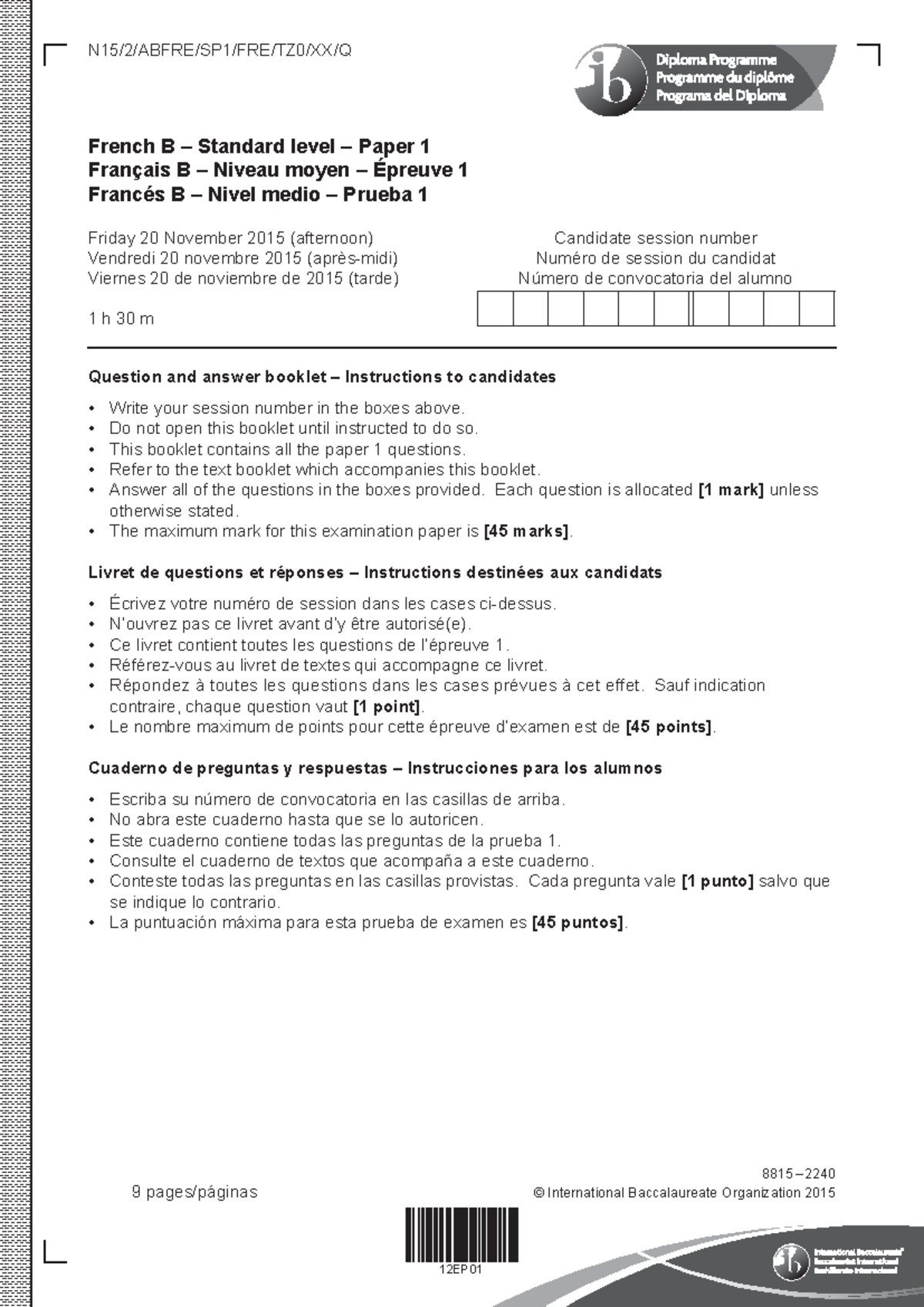 French B paper 1 question booklet SL - Candidate session number Numéro ...