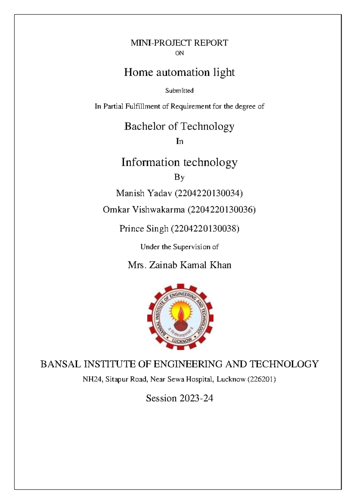 MS Report - MINI-PROJECT REPORT ON Home automation light Submitted In ...
