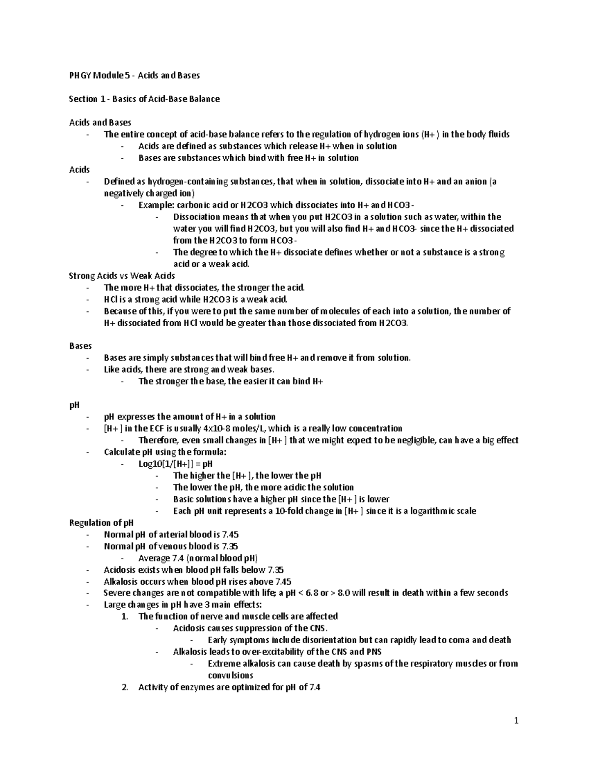 PHGY 216 Module 5 Notes - PHGY Module 5 - Acids and Bases Section 1 ...
