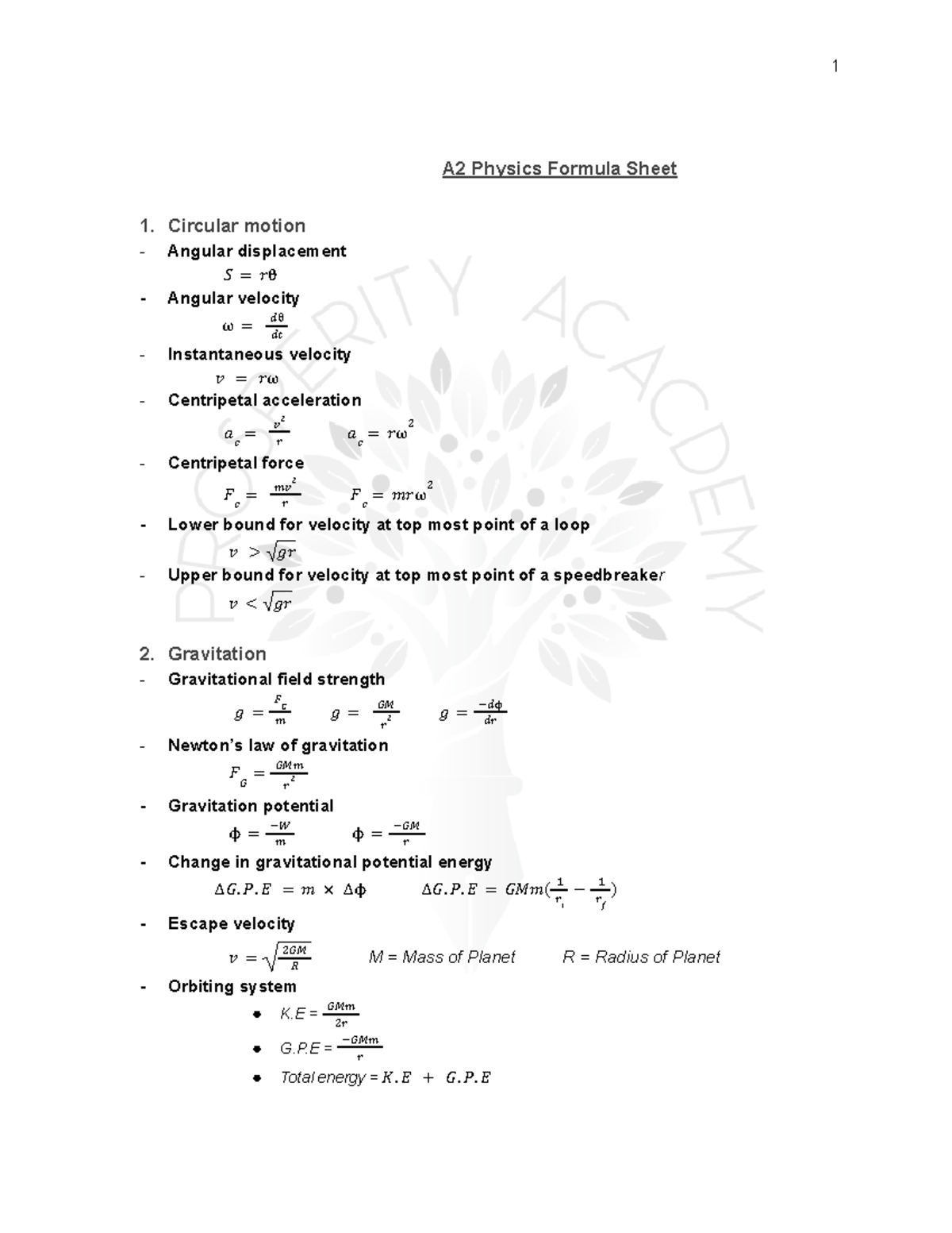 A2 Physics Formula Sheet - Circular motion - Angular displacement 𝑆 = 𝑟θ - Angular velocity ω ...