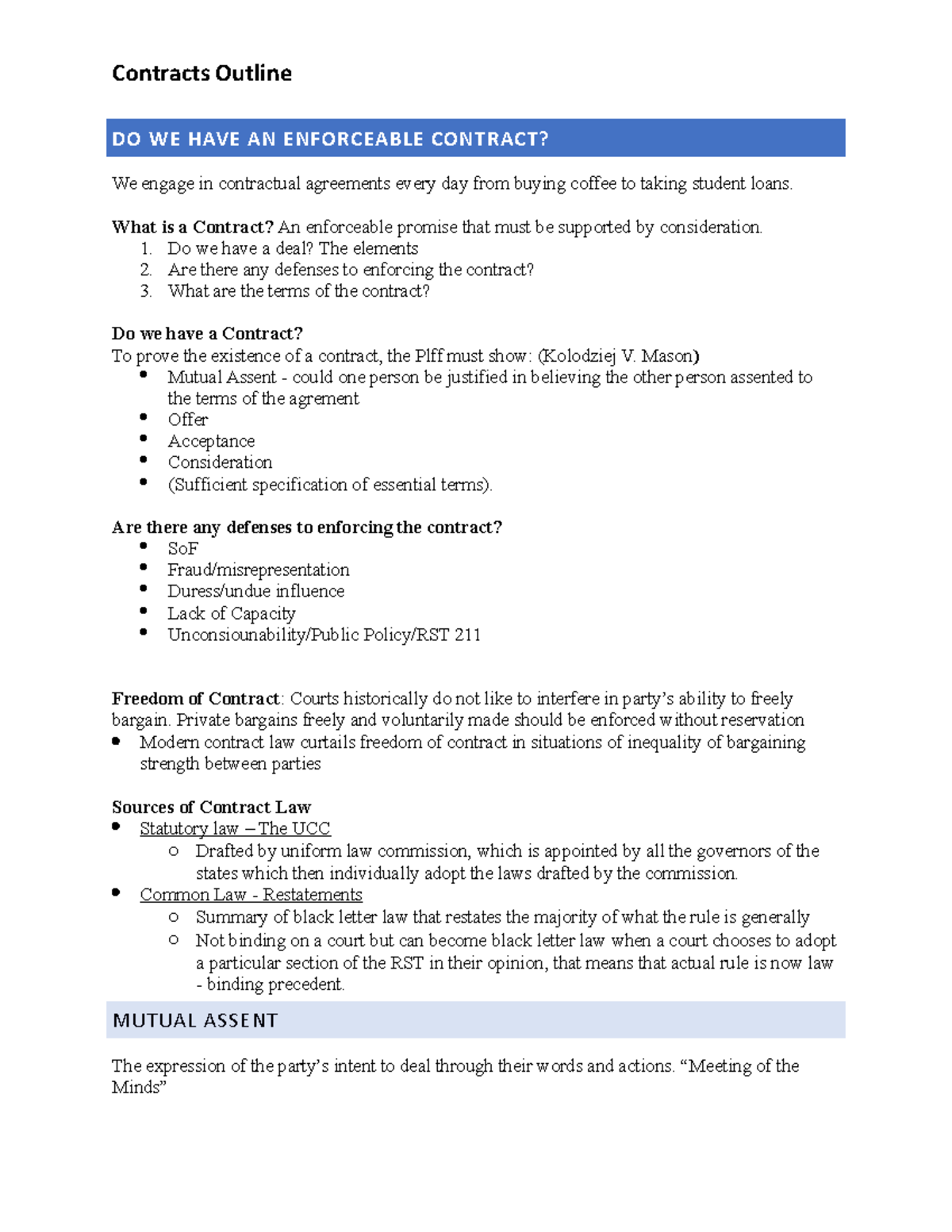 Contracts Outline [short version] - DO WE HAVE AN ENFORCEABLE CONTRACT ...