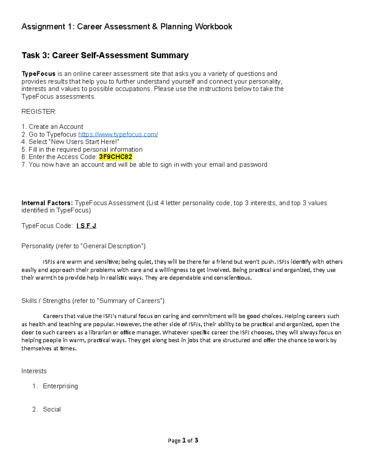 Task 3 - None - Assignment 1: Career Assessment & Planning Workbook ...