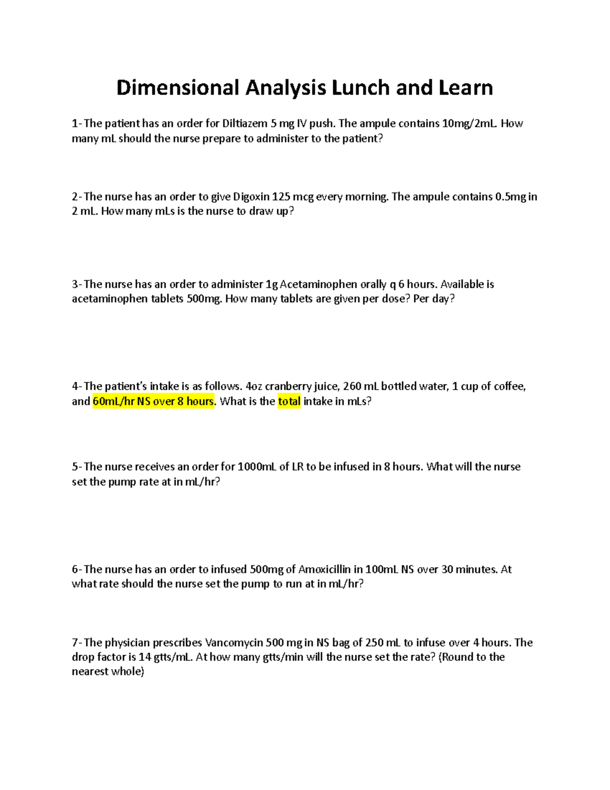 Dimensional analysis math practice - Dimensional Analysis Lunch and ...