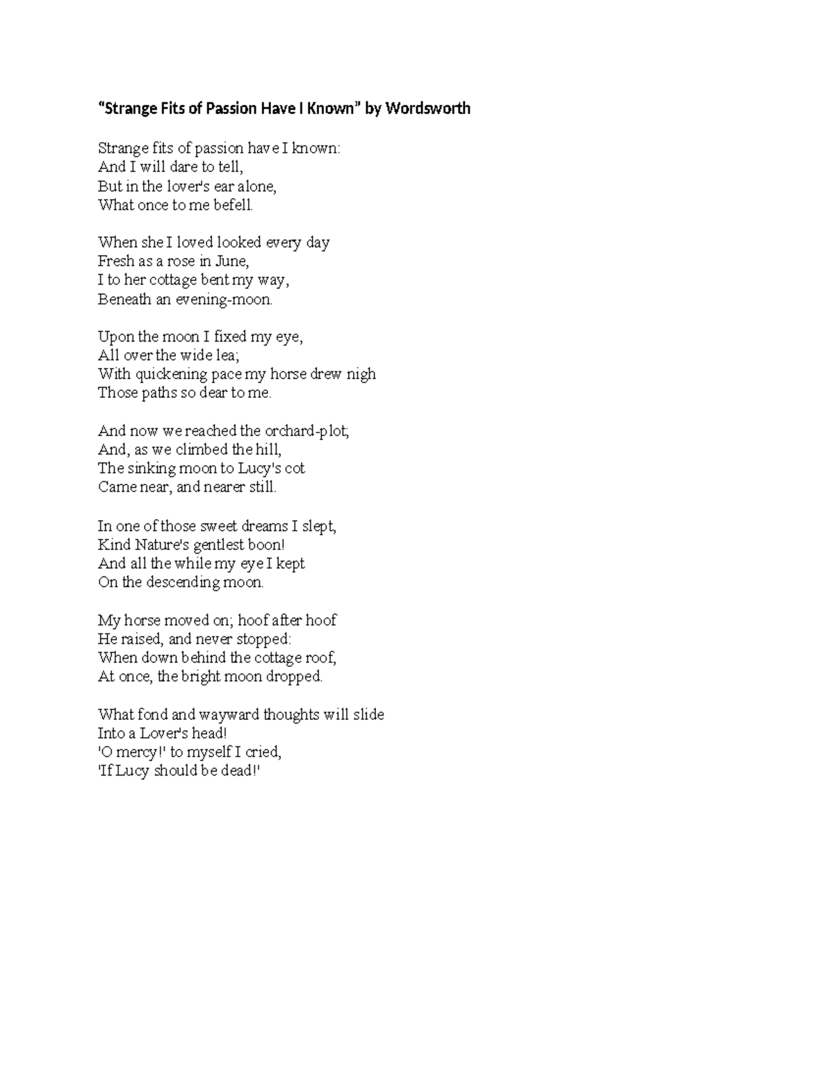 Lucy Poems Interp - notes - “Strange Fits of Passion Have I Known” by ...