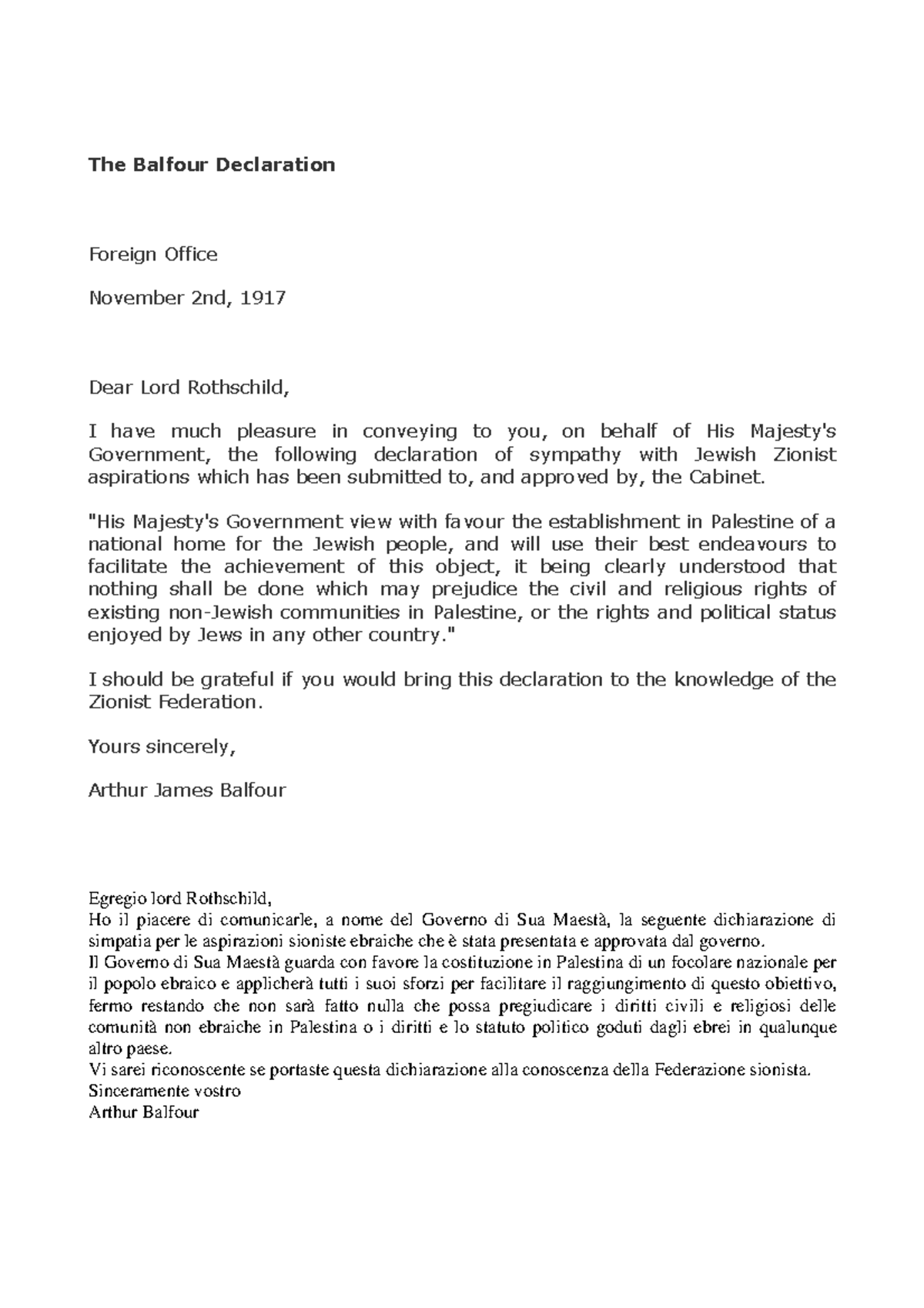 The Balfour Declaration - The Balfour Declaration Foreign Office ...