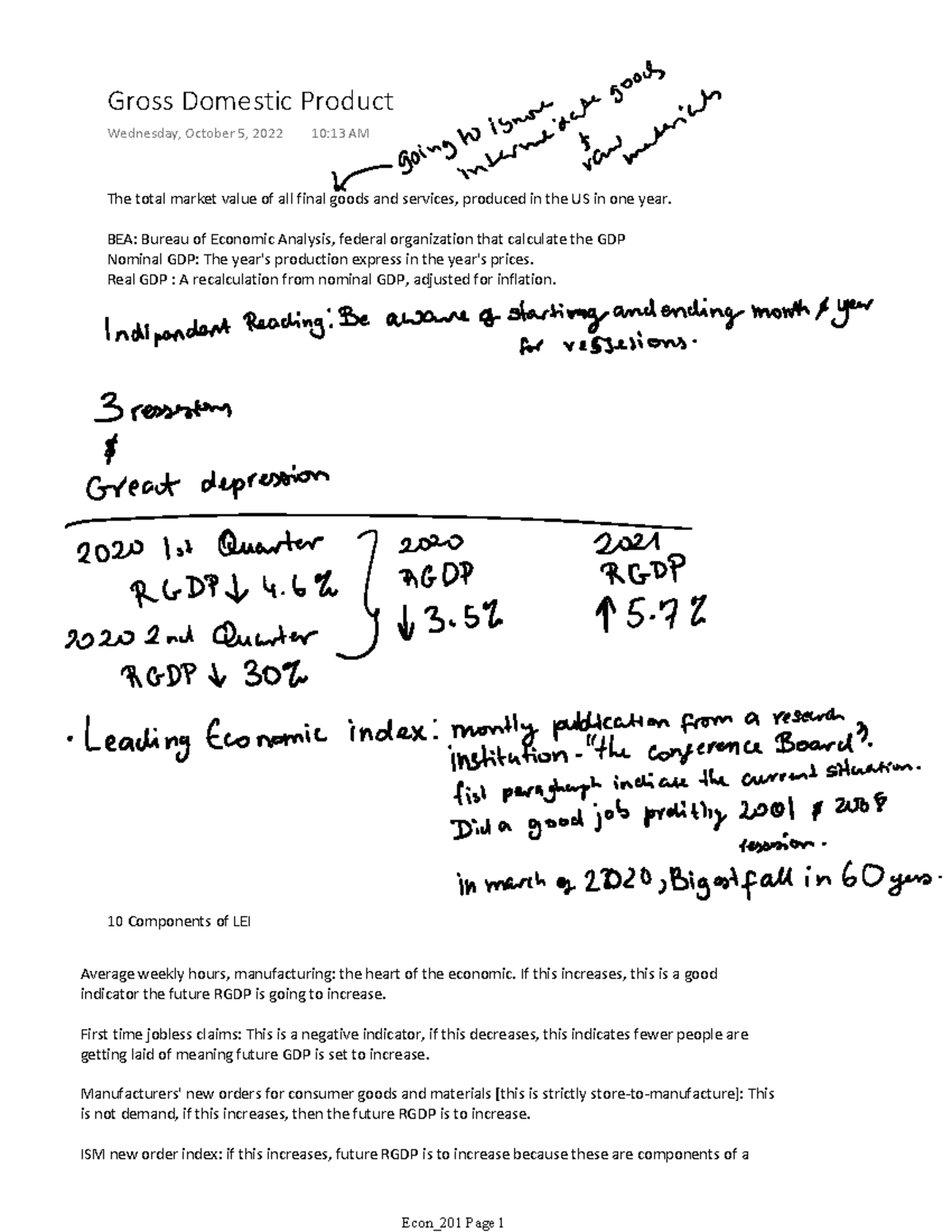 Econ 201 Lecture Notes For Exam 2 The Total Market Value Of All Final Goods And Services