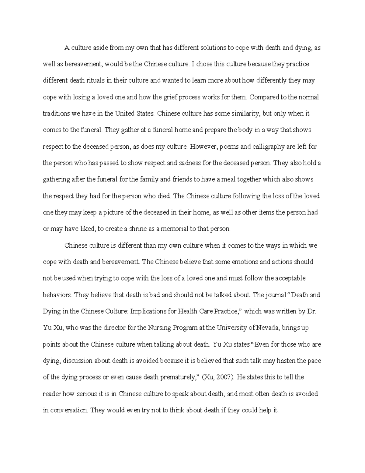 Bereavement paper - A culture aside from my own that has different ...